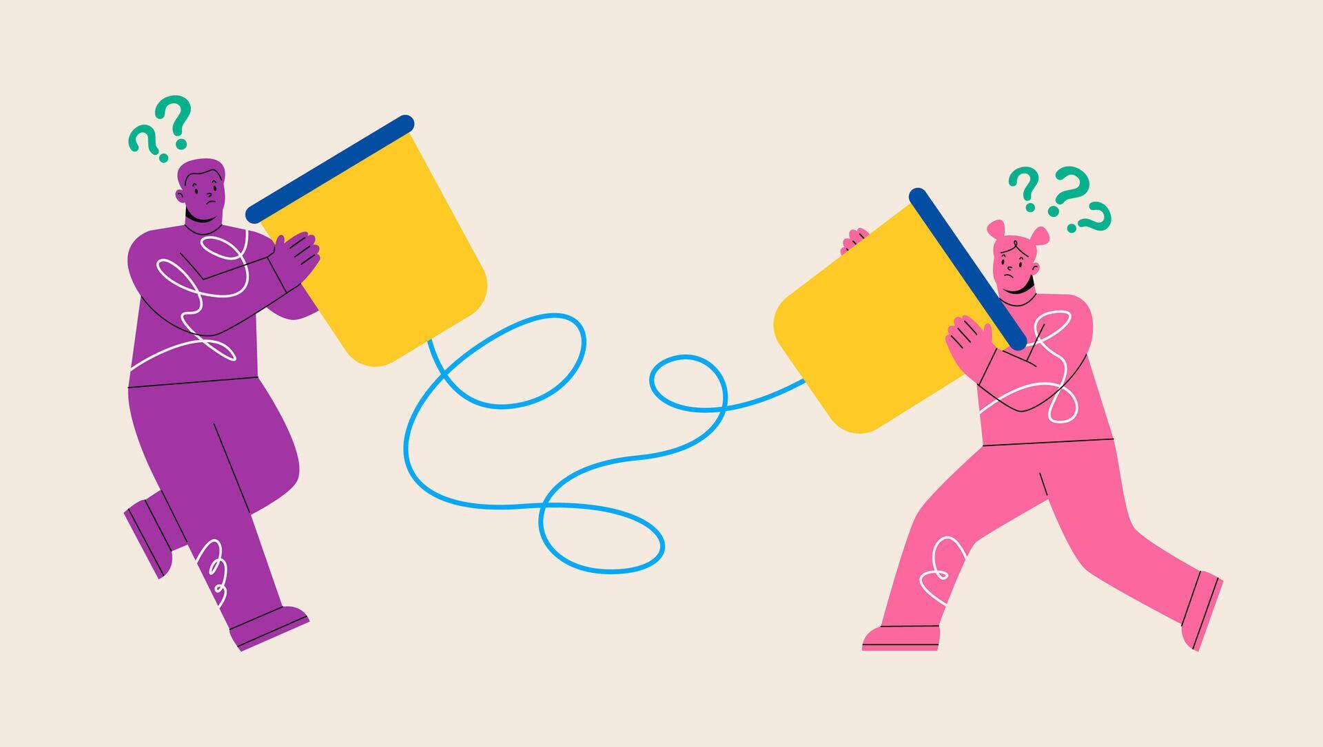 Man And Woman Trying To Communicate With Old Technology Miscommunication Tin Can Communication