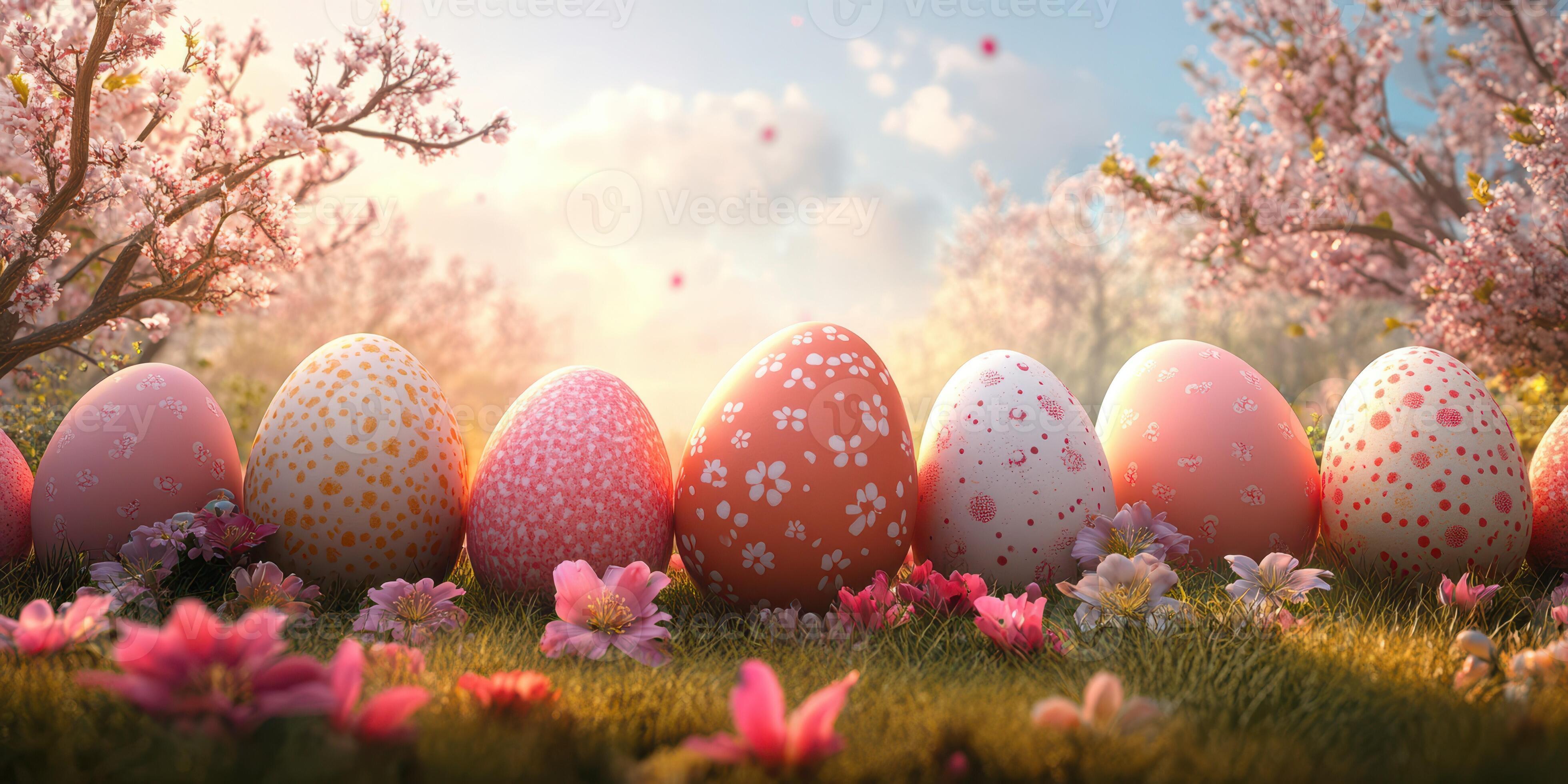 Beautifully decorated Easter eggs lined up in a serene spring setting ...