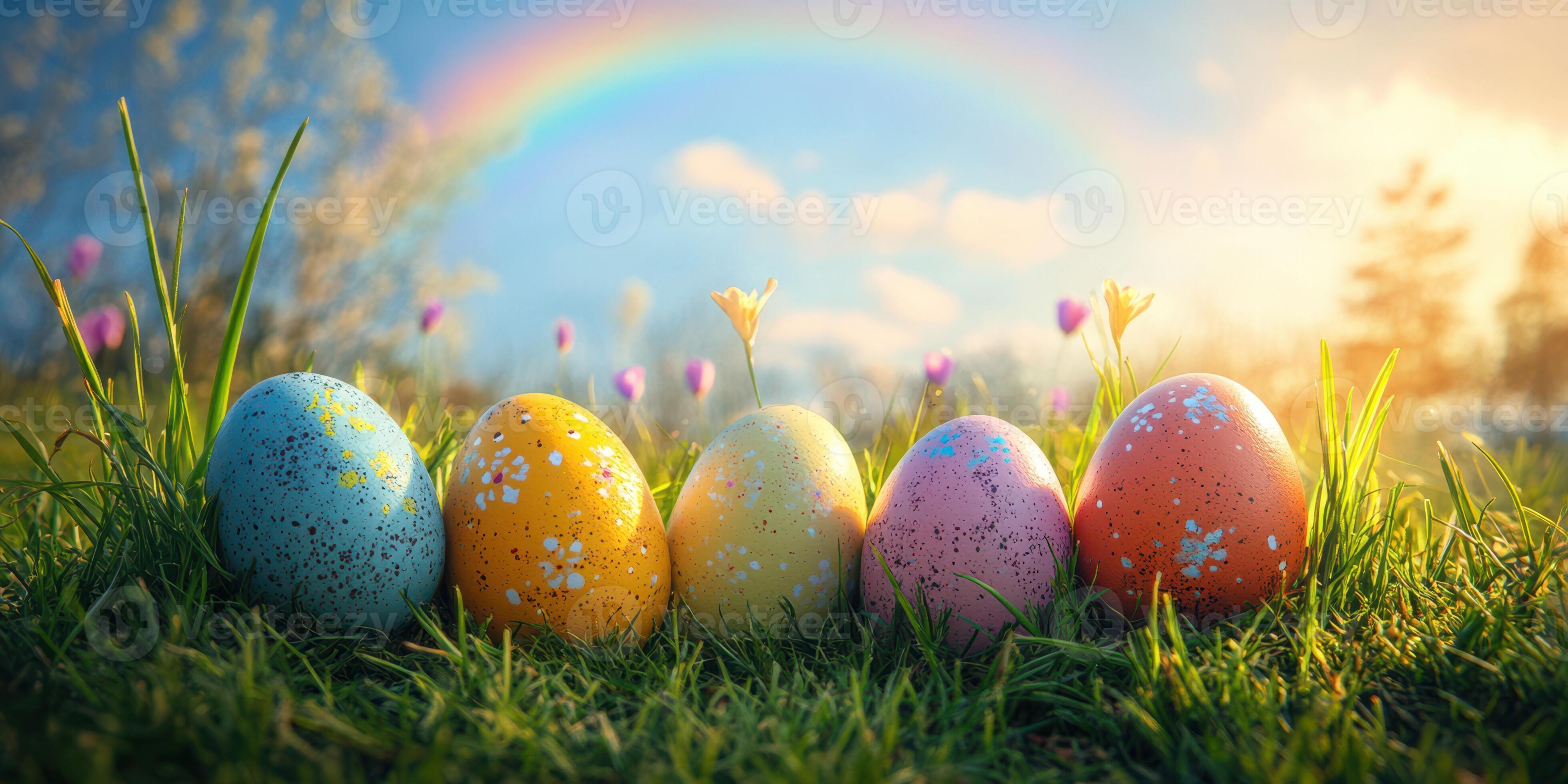 Colorful Easter eggs lined up in a grassy field under a rainbow and ...