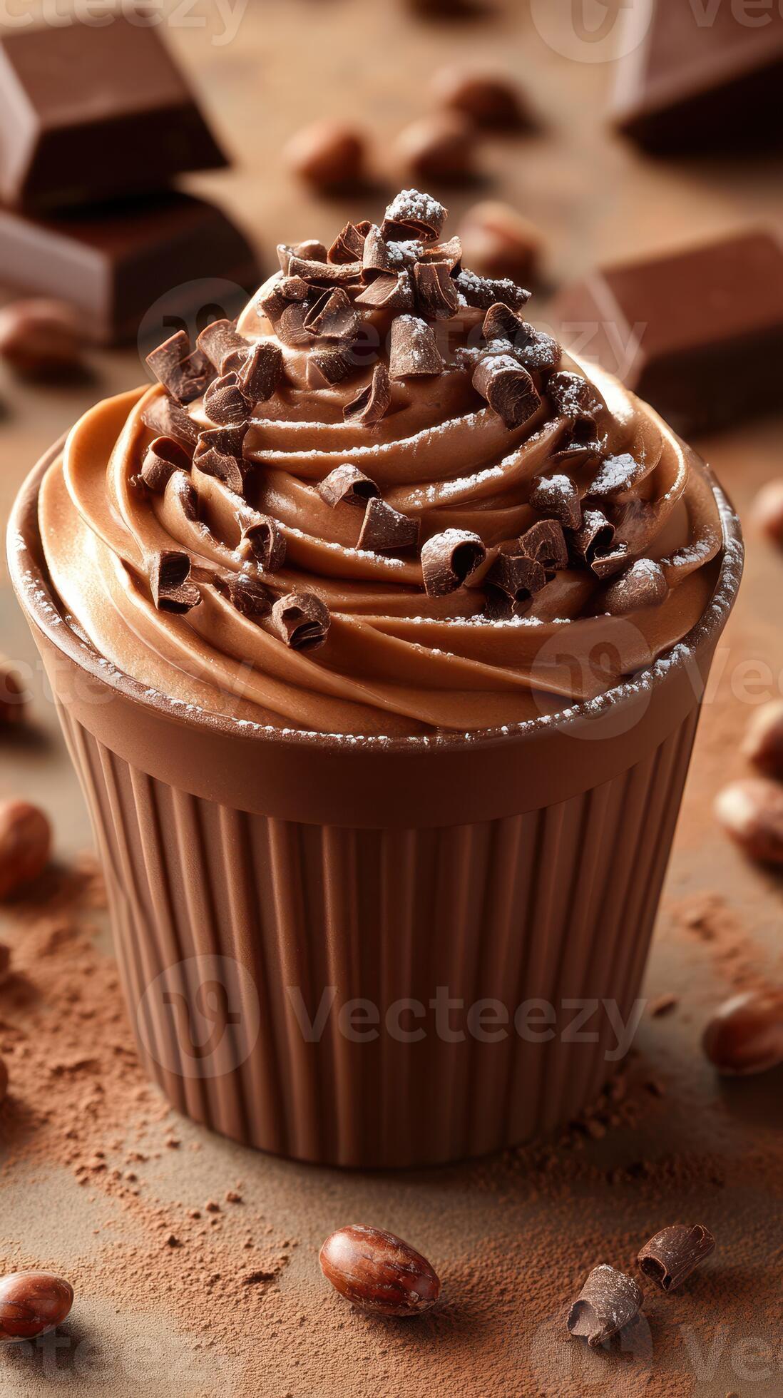 Rich chocolate cupcake topped with swirls of frosting and chocolate shavings on a cozy brown ...