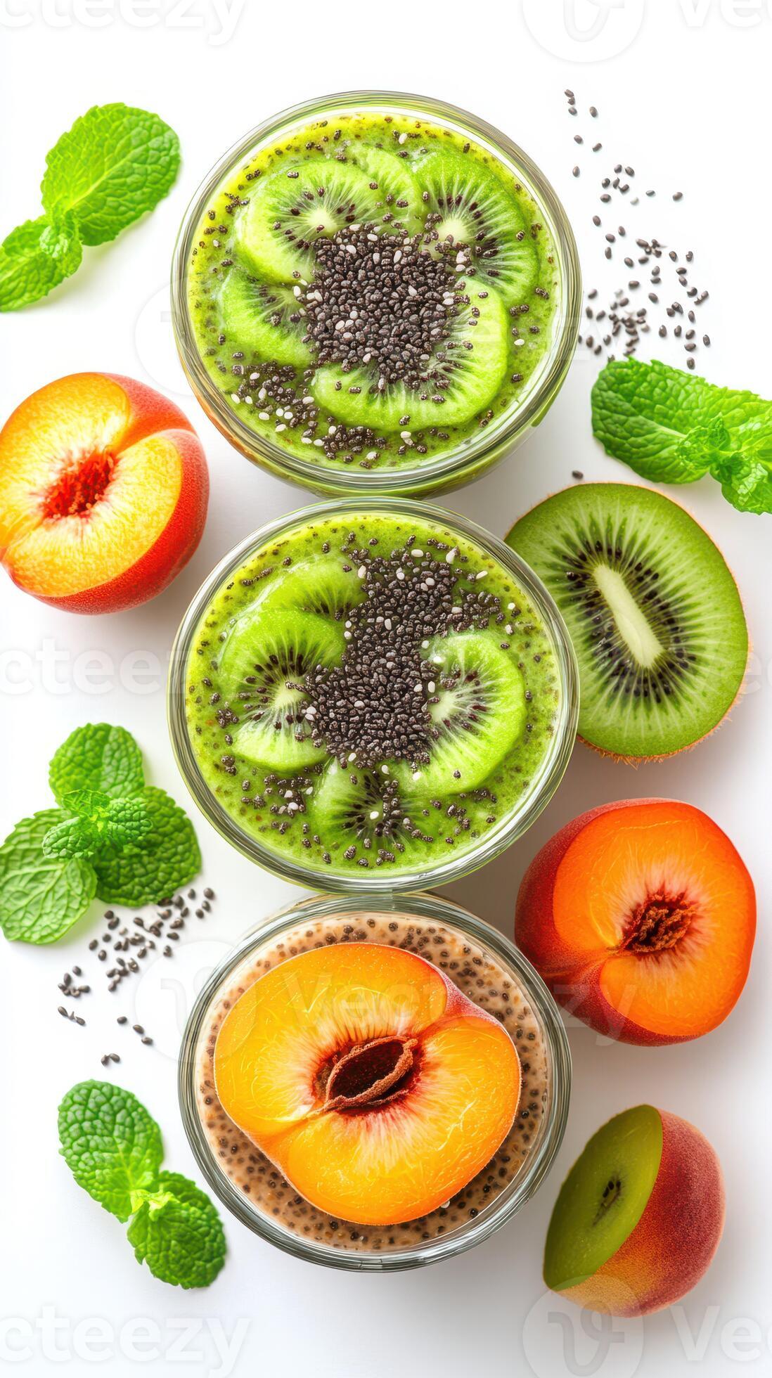 Refreshing fruit smoothies layered with chia seeds in glass jars surrounded by fresh fruits and ...