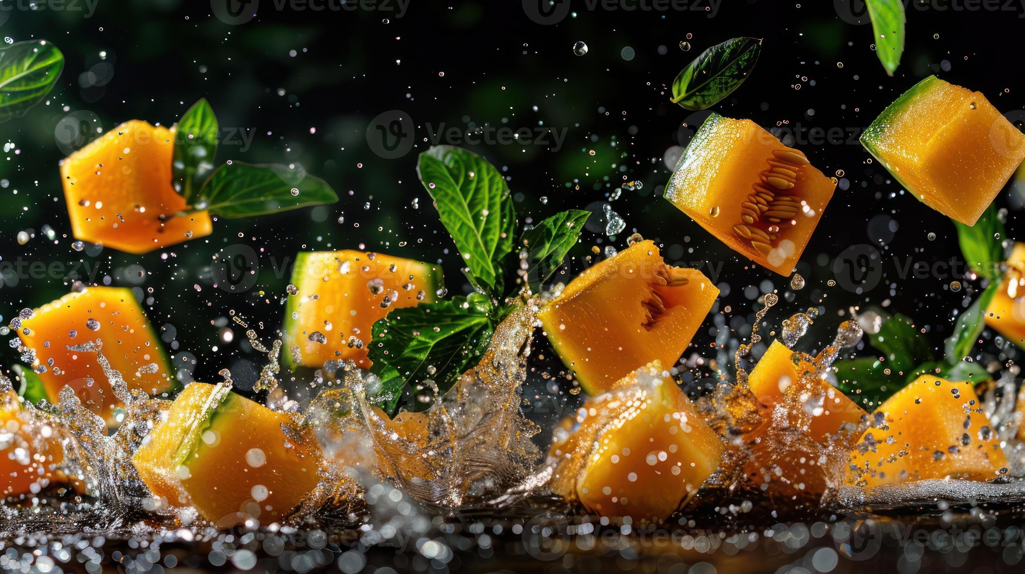 Vibrant melon cubes splash in water with mint leaves, creating a refreshing scene. 56932788 ...