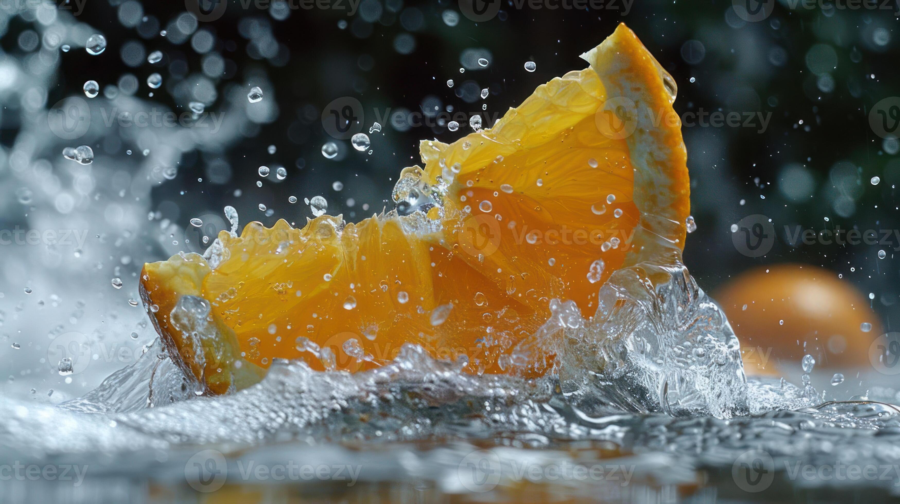 A vibrant orange slice splashes into water, creating dynamic droplets and a refreshing scene ...