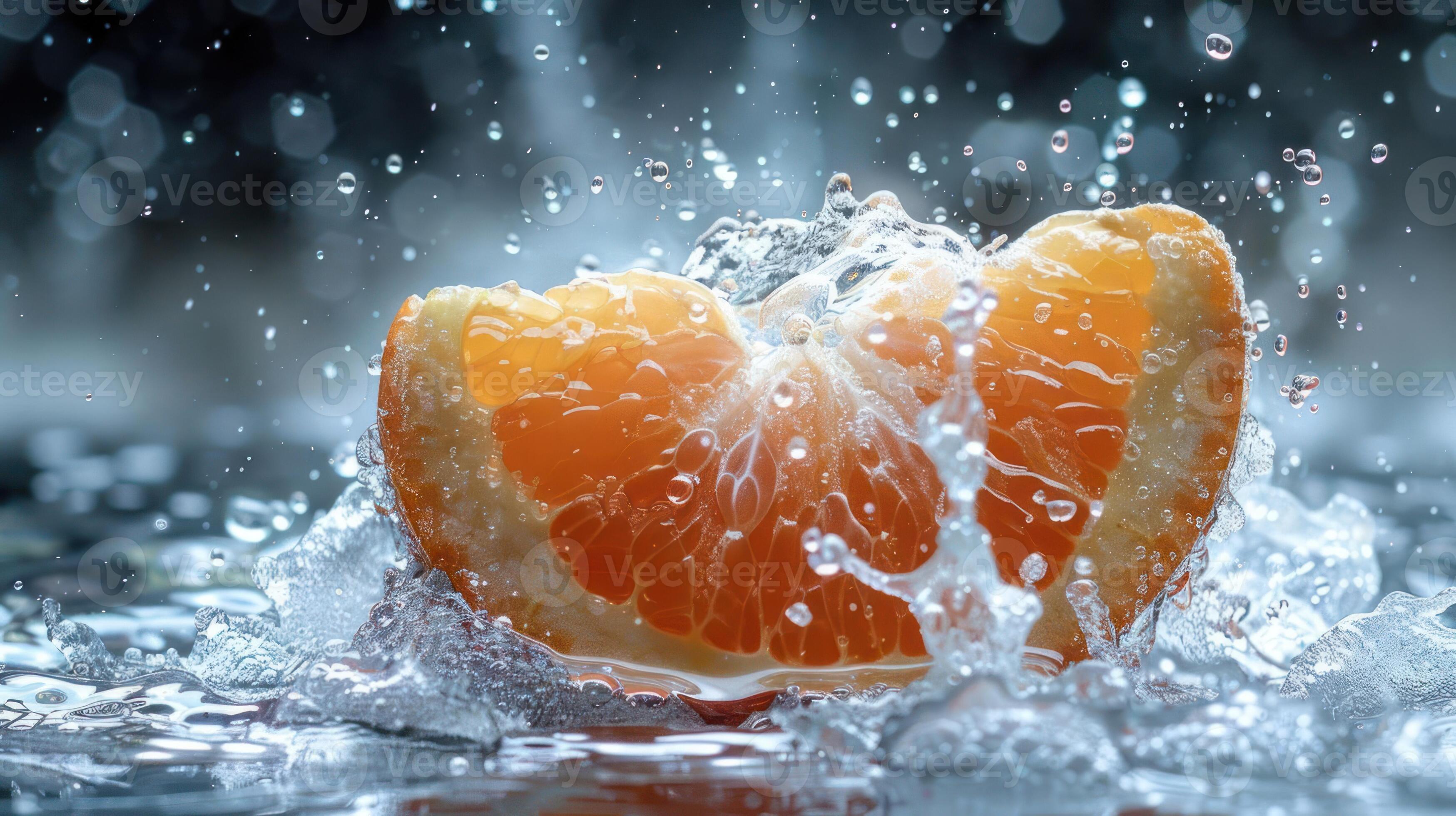 A fresh orange slice splashes into water, creating dynamic droplets and a refreshing scene ...