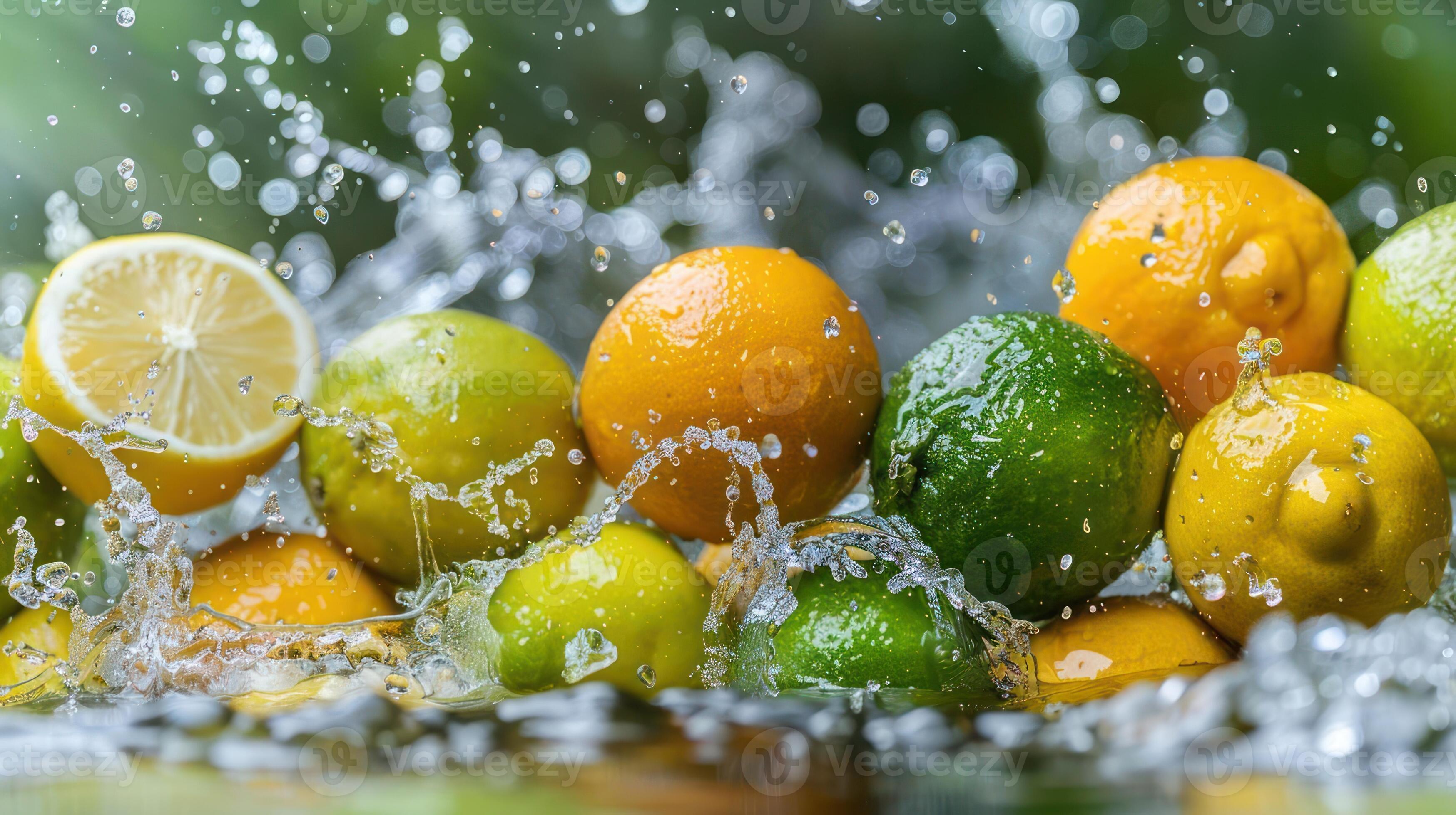 Fresh lemons and limes splashing in water, showcasing vibrant colors and freshness. 56934700 ...