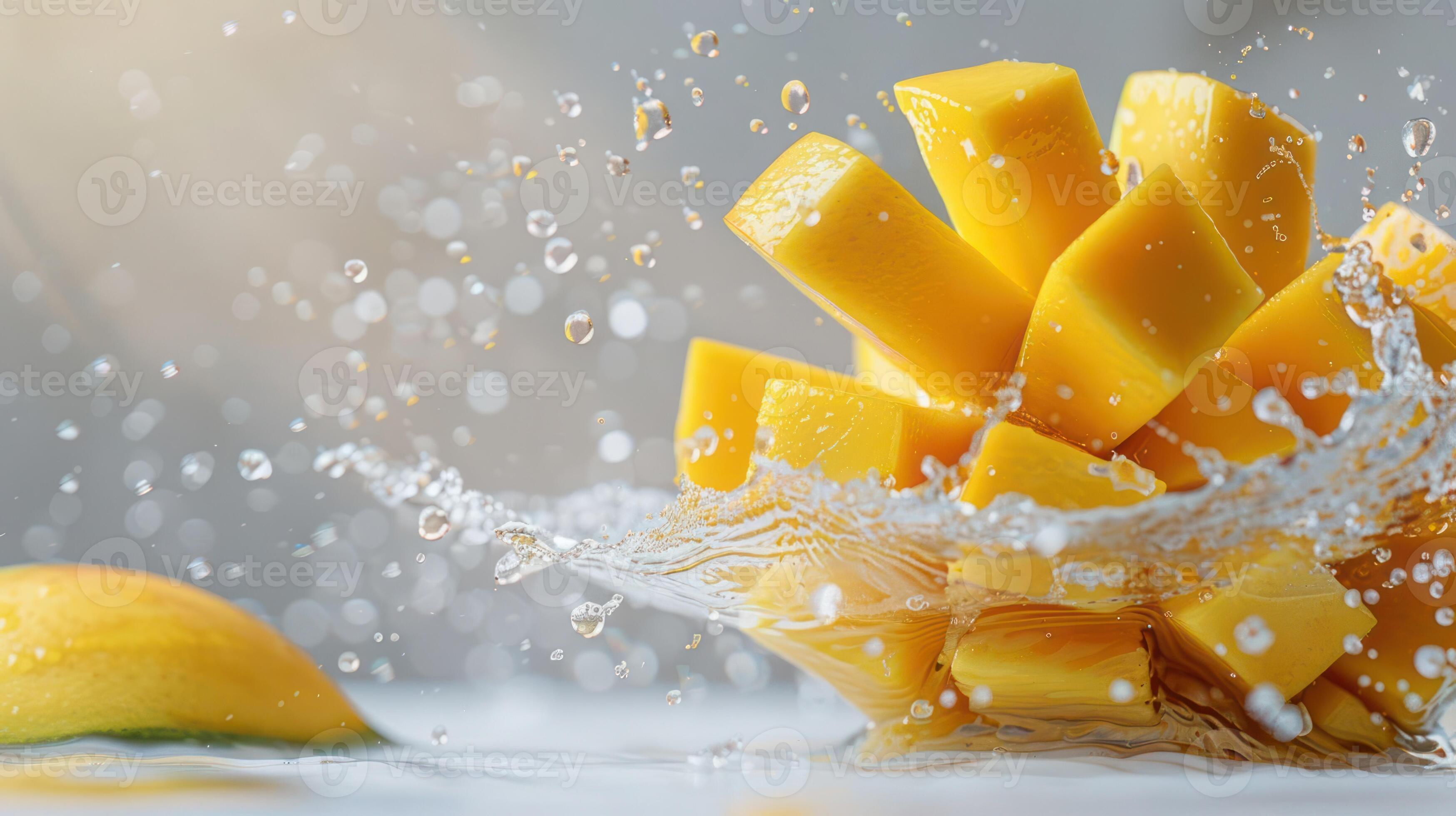 Fresh mango pieces splash into water, creating a vibrant and refreshing scene. 56934742 Stock ...