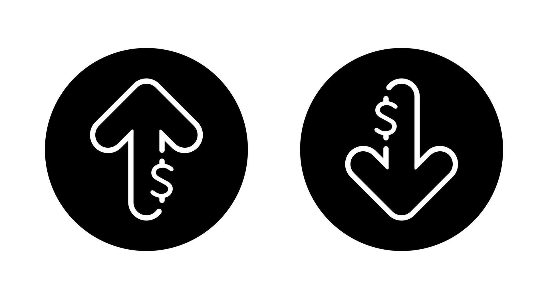 Dollar arrow up and down outline icon on black circle. Increase and decrease USD sign symbol ...