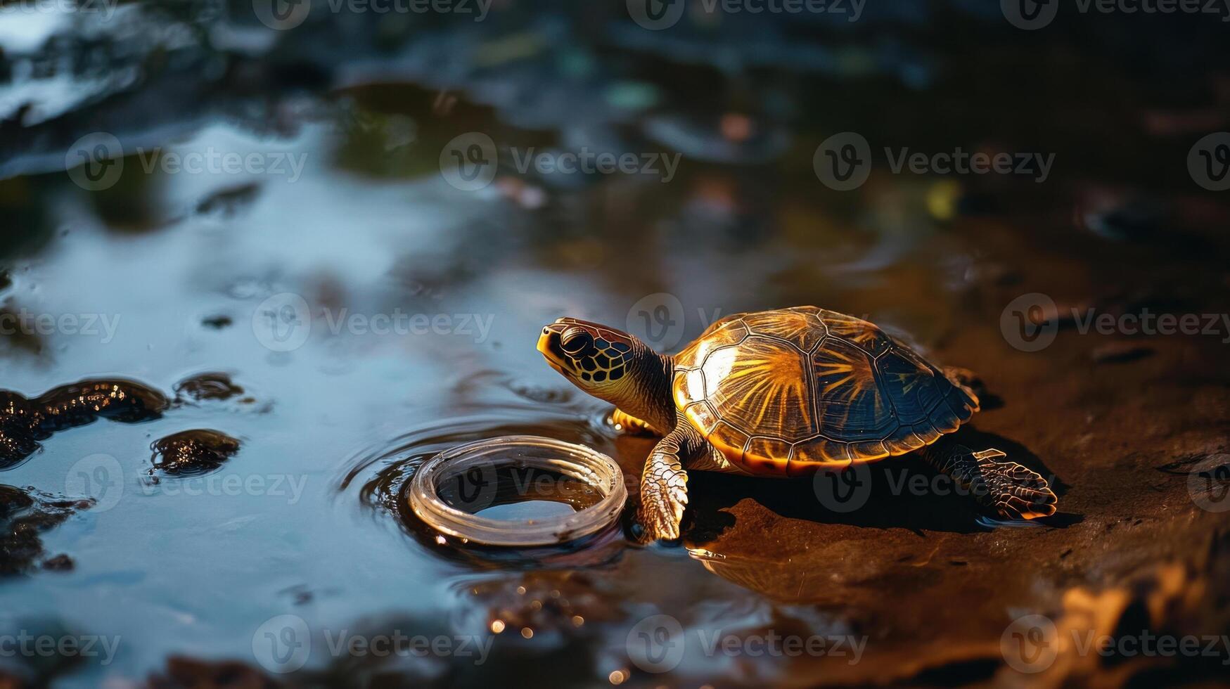 turtle struggling near plastic ring in water 56955621 Stock Photo at ...