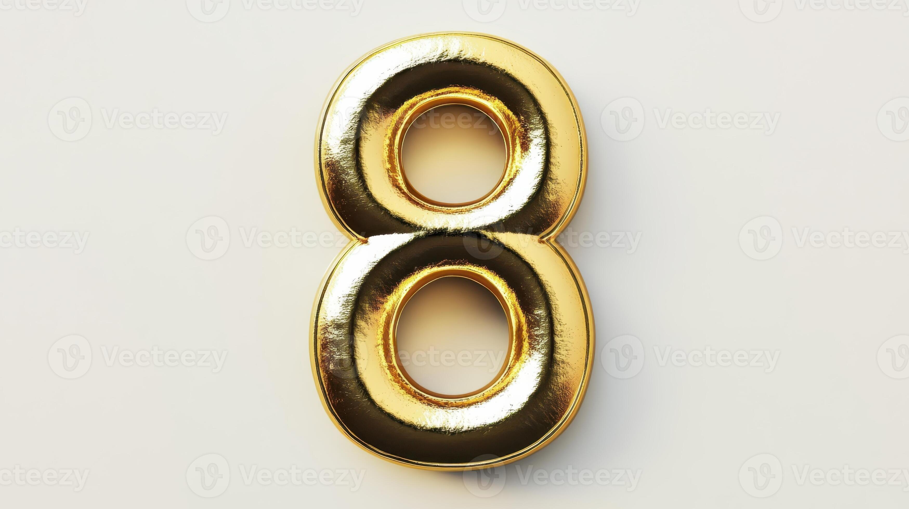 Shiny gold number eight symbol isolated on a plain background, emphasizing elegance and depth in ...