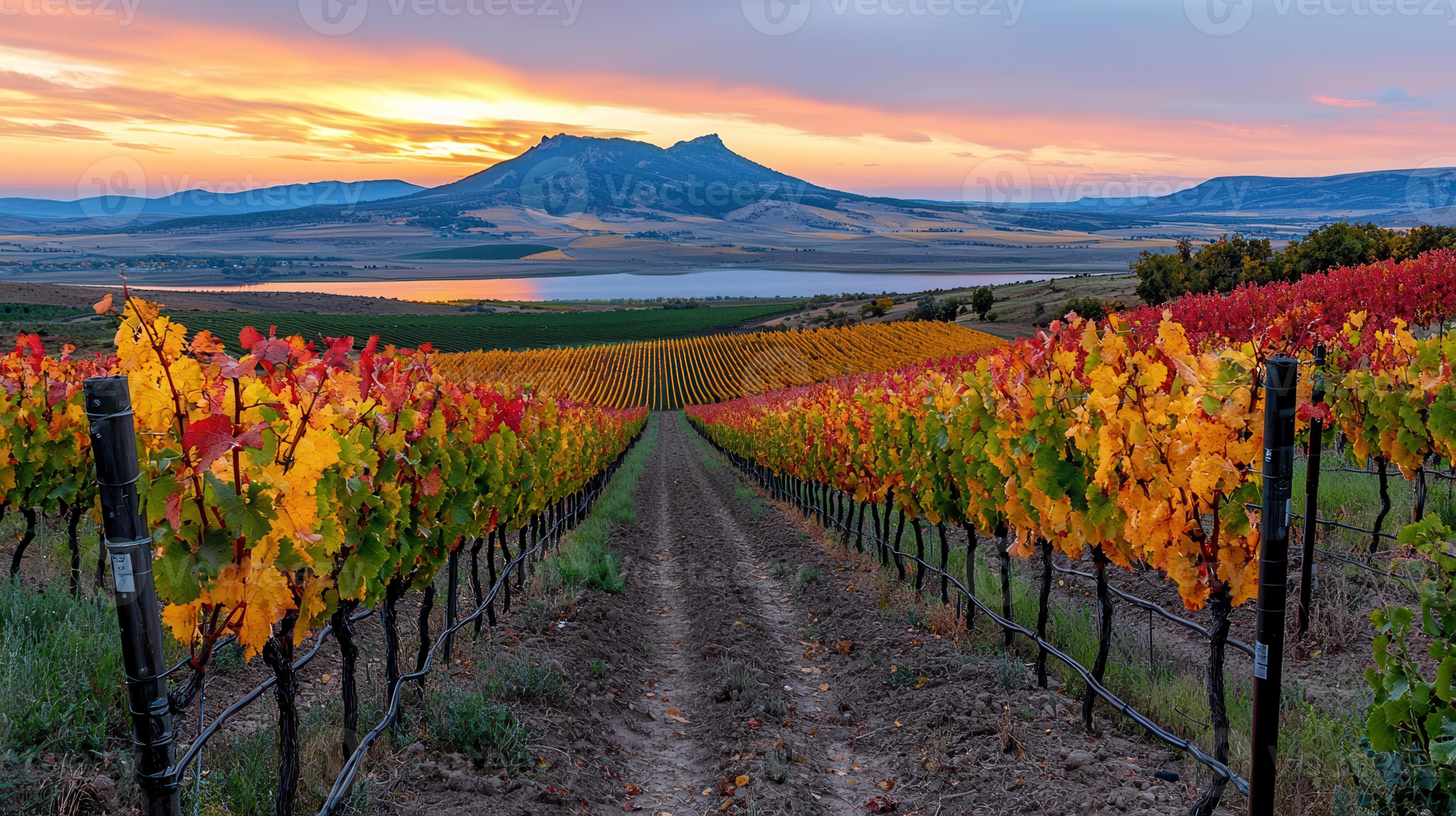 Stunning Autumn Vineyard Landscape at Sunset Colorful Grape Vines Rows Mountain Background ...