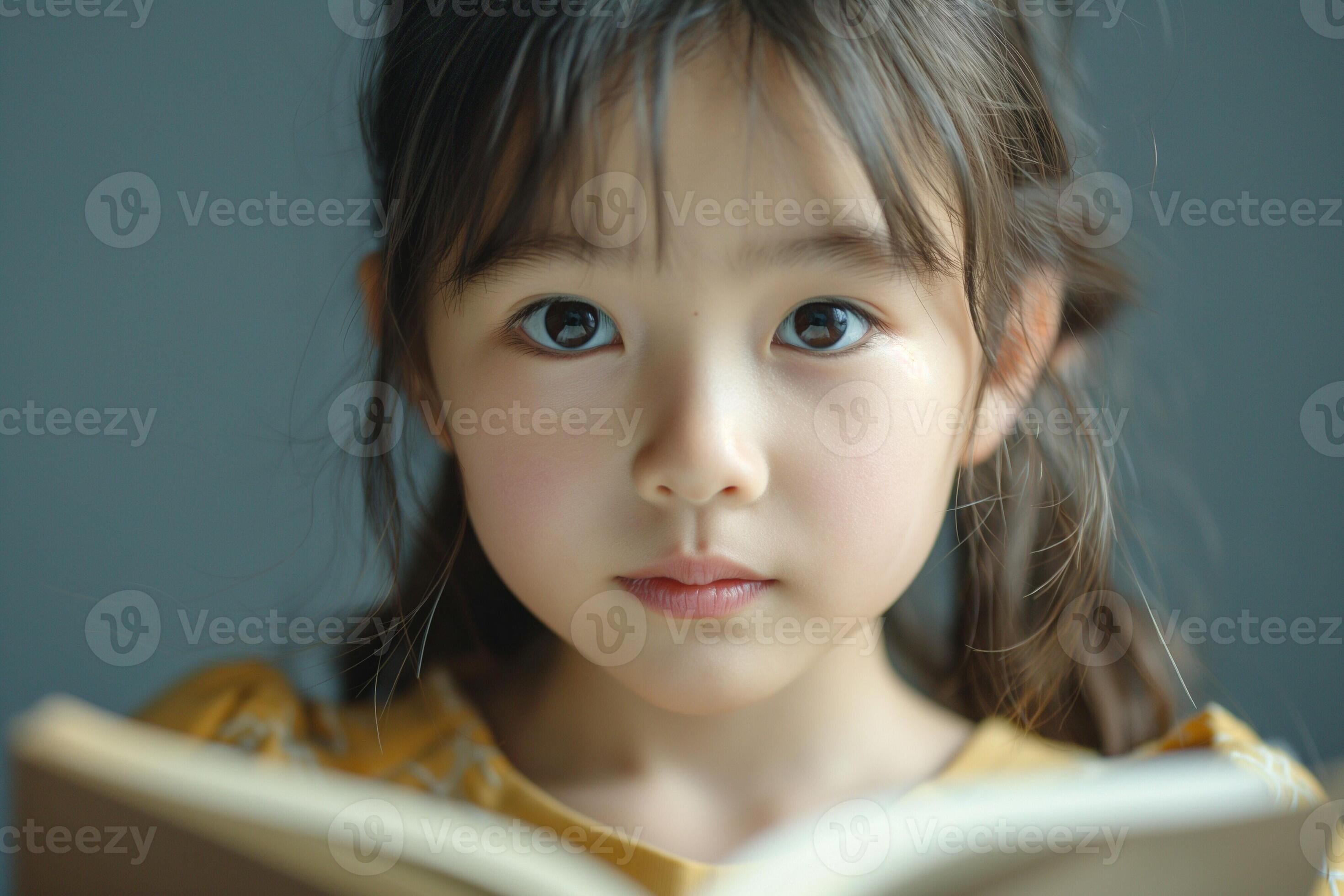 A focused young Asian girl with dark hair reading a book, displaying curiosity and innocence ...
