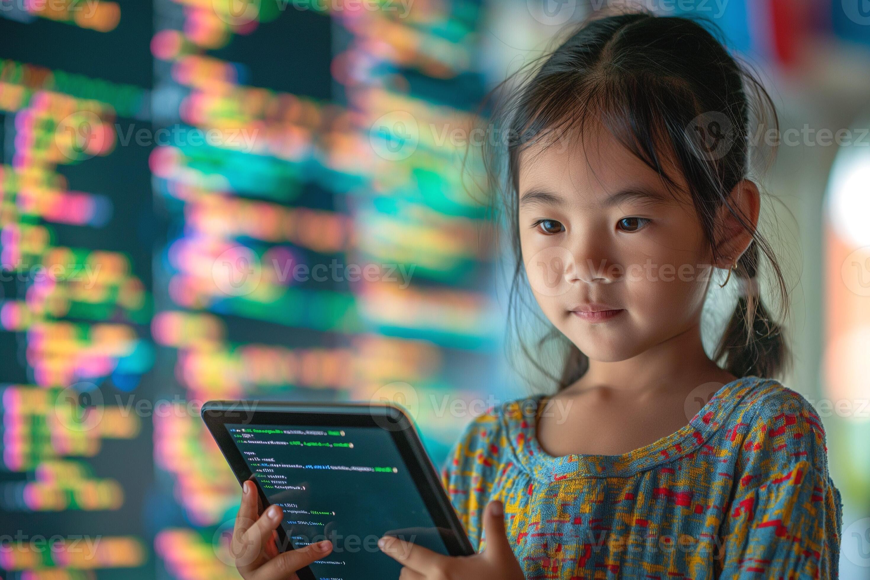 Young Asian girl coding on a tablet in a vibrant, tech-inspired ...