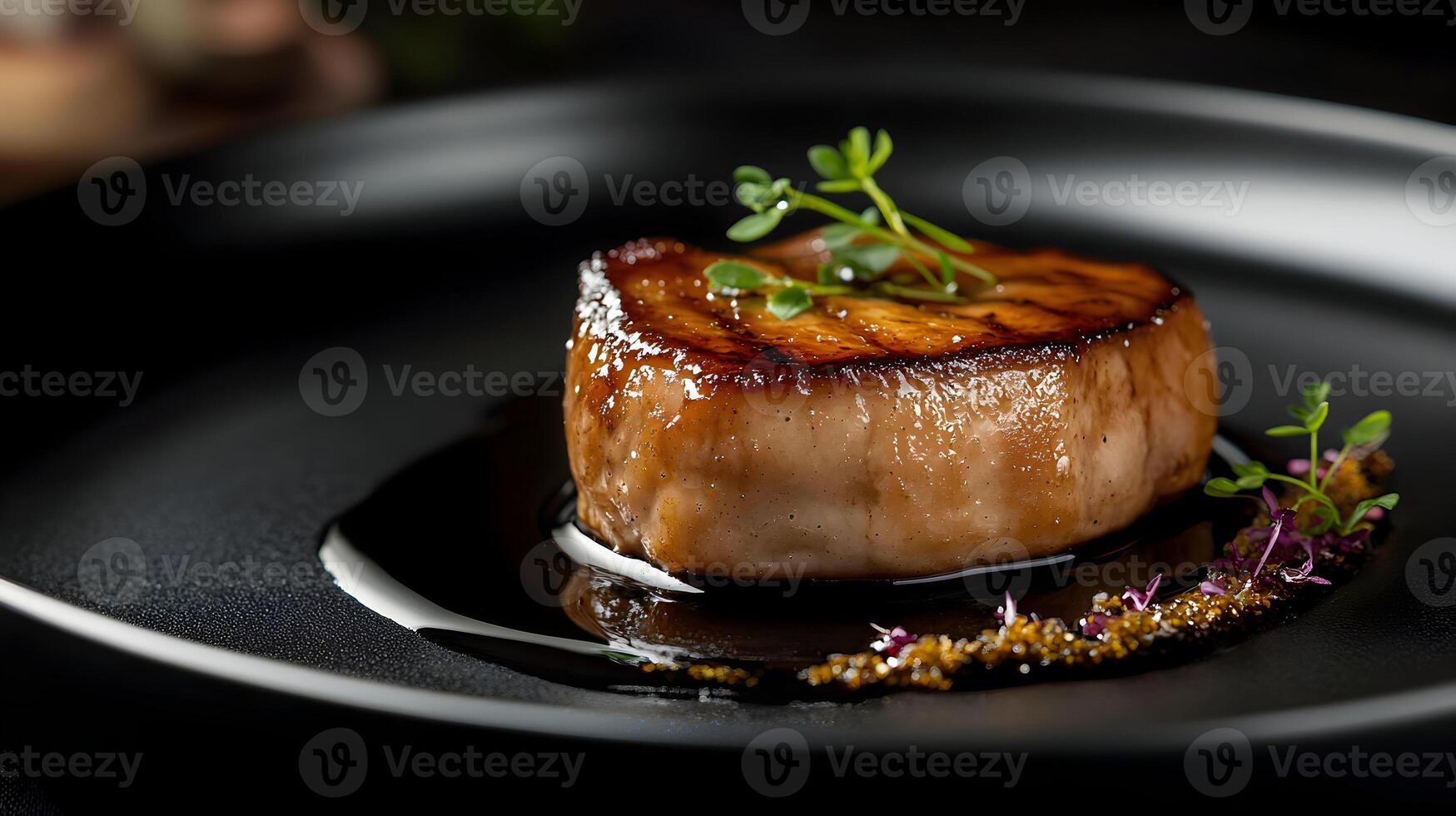 Exquisite pan-seared foie gras presentation with delicate herb garnish on a dark plate 56966284 ...