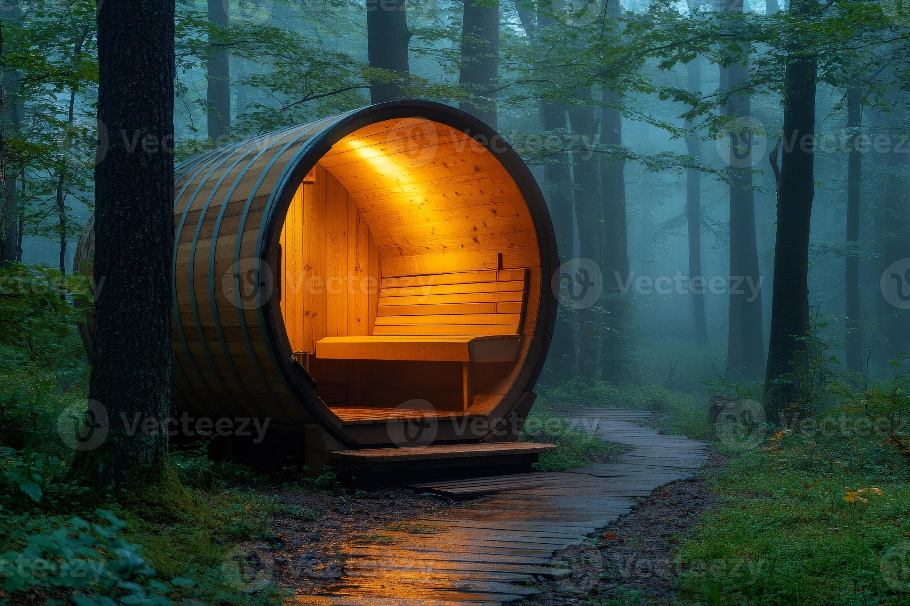 Barrel sauna glowing in foggy forest at twilight 56966987 Stock Photo at Vecteezy