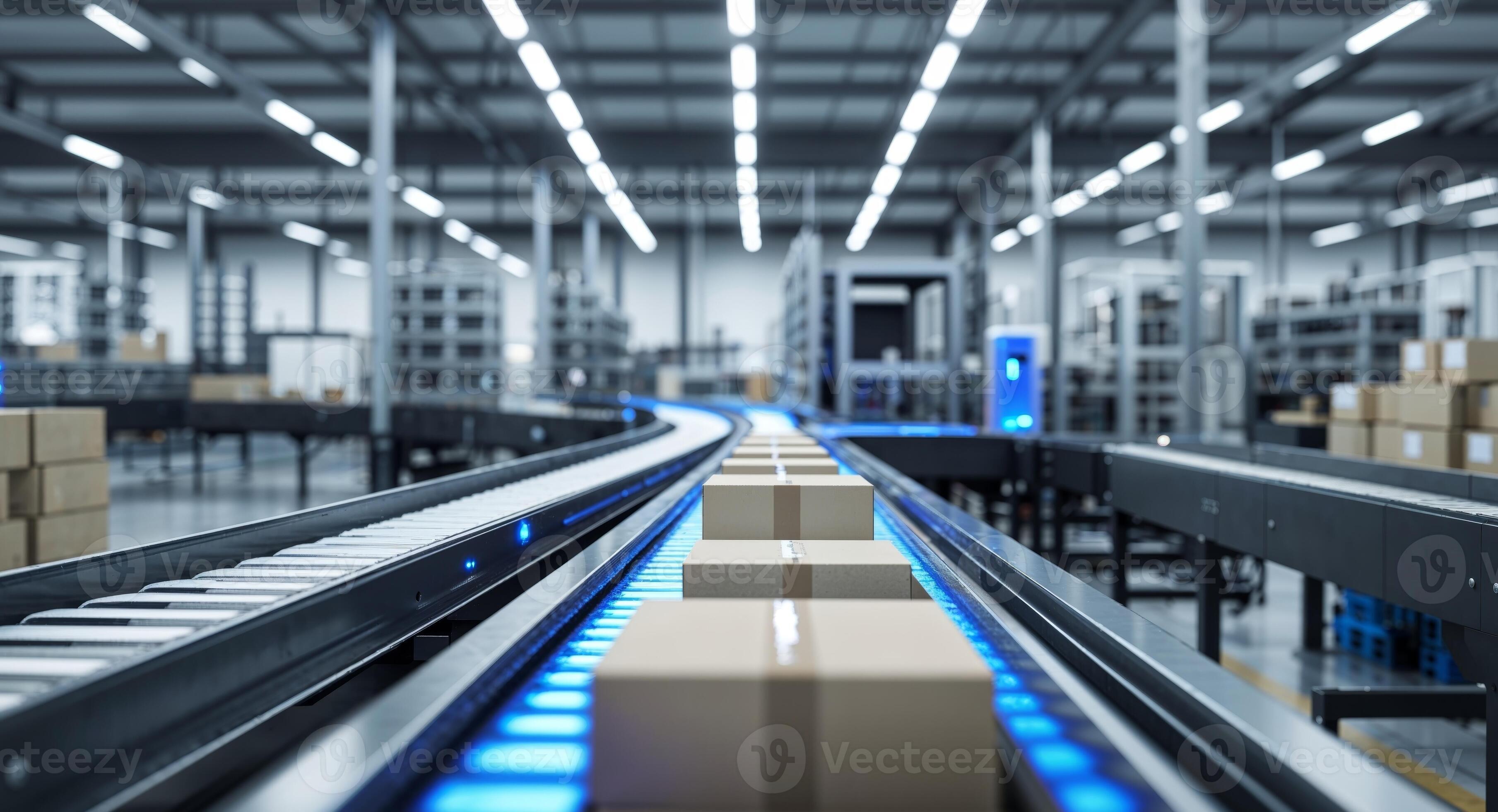 Automated conveyor belt system streamlining package handling and distribution in warehouse ...