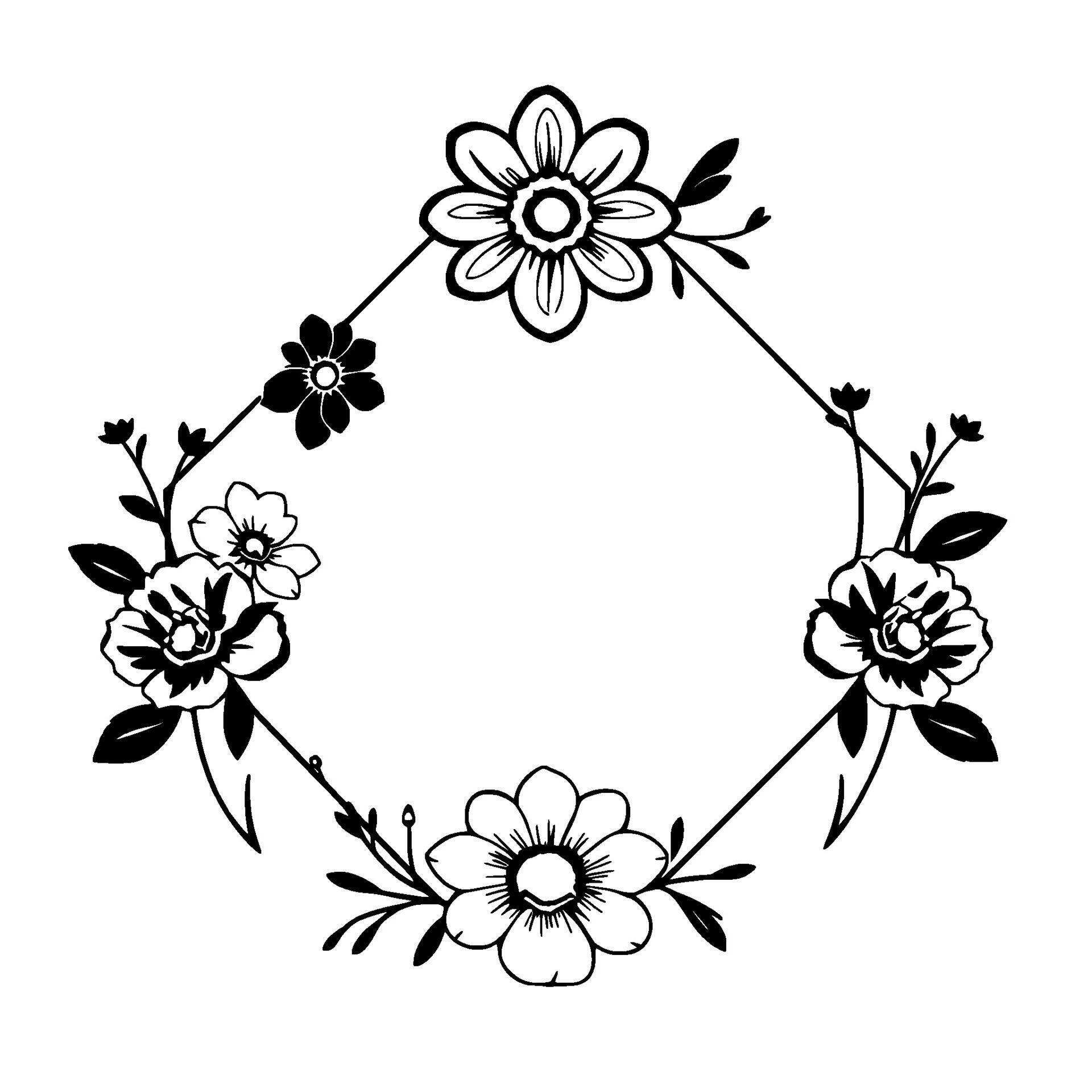 Floral Diamond Frame Minimalist Black and White Featuring Intricate Blooms and Leaves, Geometric ...
