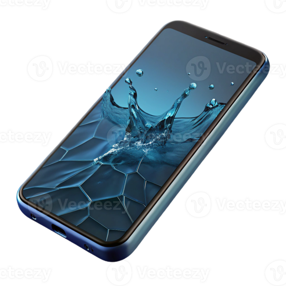 dramatic minimalist wonderful creative A broken smartphone submerged in water, screen cracked ...