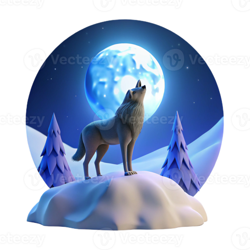 dramatic modern A lone wolf howling at the full moon in a snowy landscape, with cool, blue ...