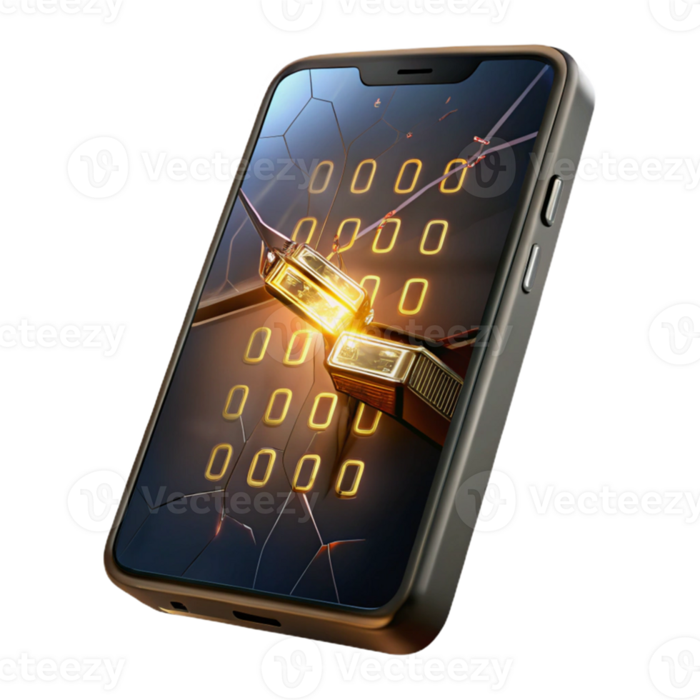 elegant traditional A cracked smartphone screen displaying a cryptic binary code, backlight ...