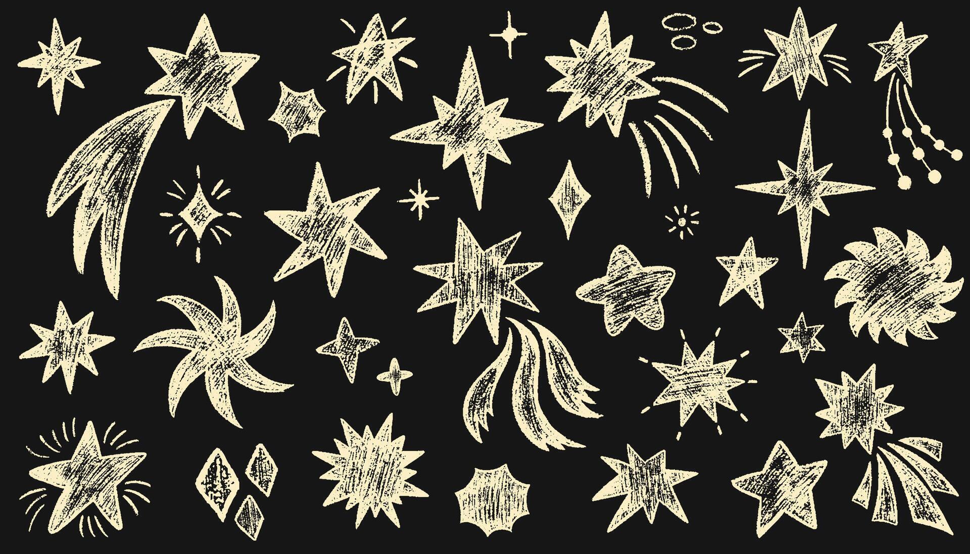 Crayon drawn stars, meteorite and comets. Doodle color magic blinking stars, charcoal cosmic ...