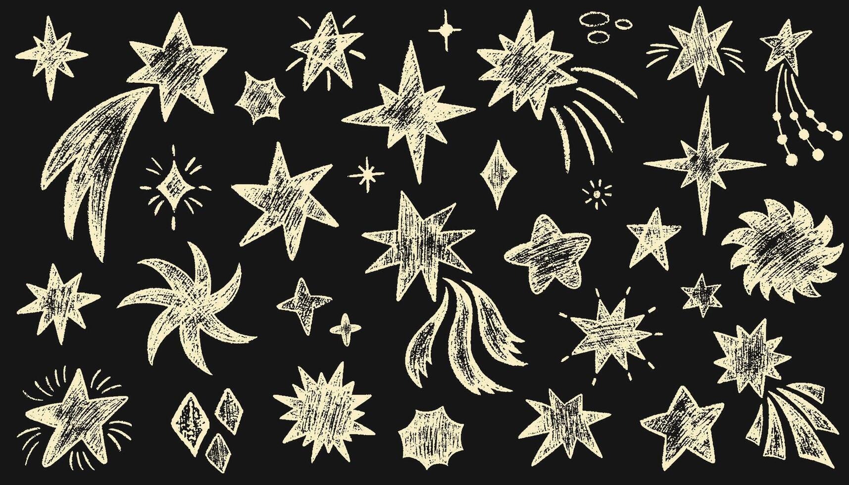 Crayon drawn stars, meteorite and comets. Doodle color magic blinking stars, charcoal cosmic ...