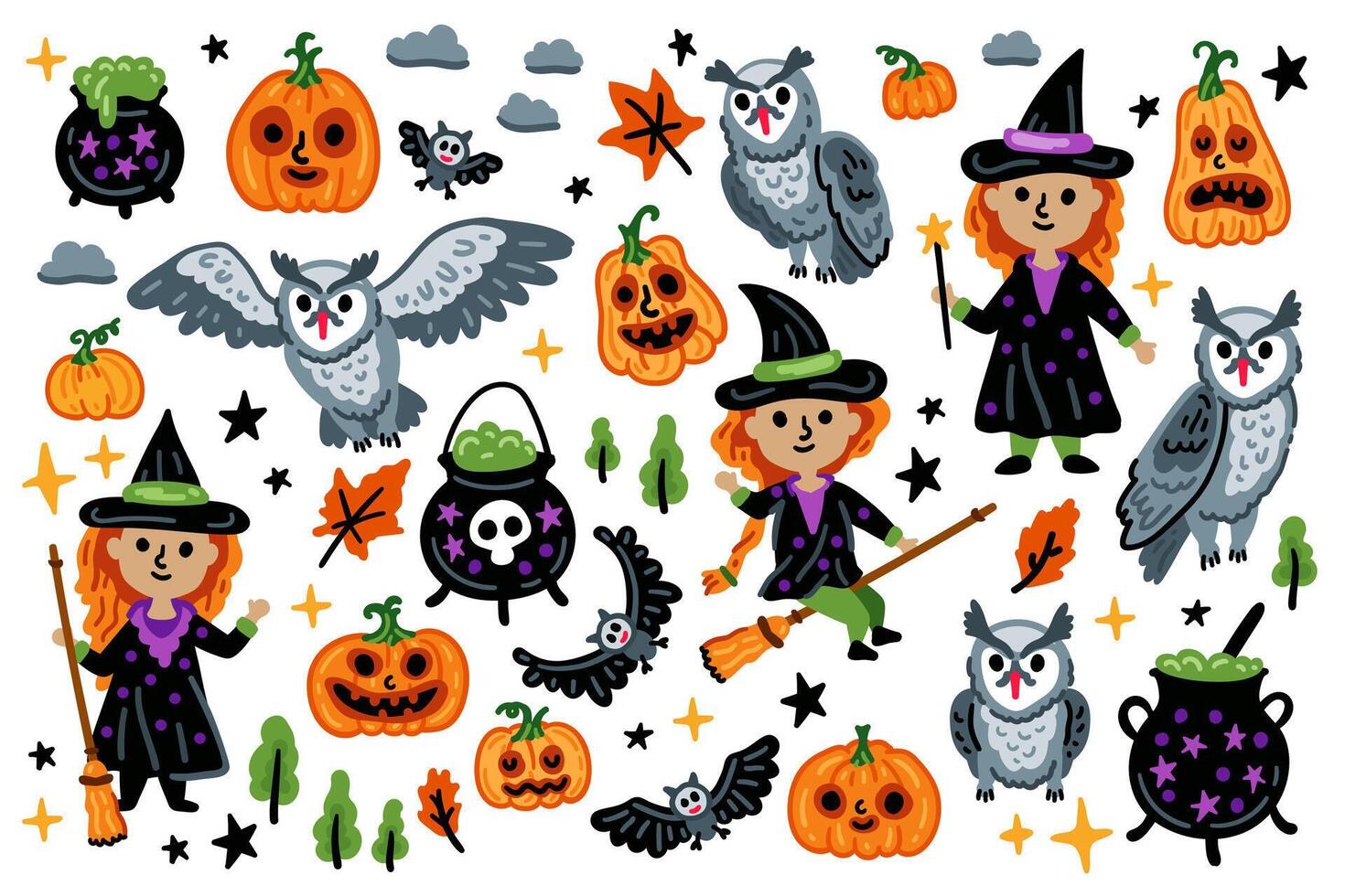 Set of Halloween characters scary witch, pumpkin and flying white owls ...