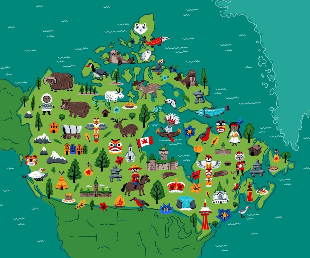 Hand drawn stylized map of Canadian landmarks. Canada travel illustration. North America map ...