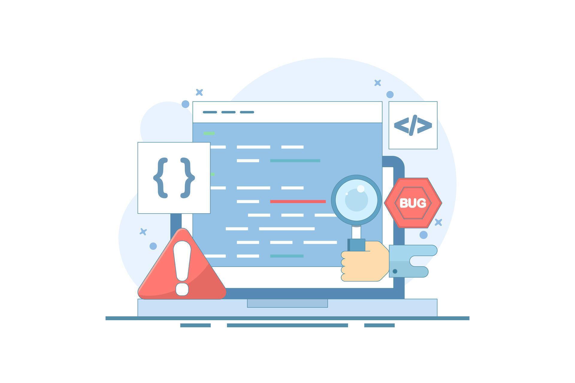 Bug report concept. Magnifying glass for bugs dancing in computer software program. Bug report ...