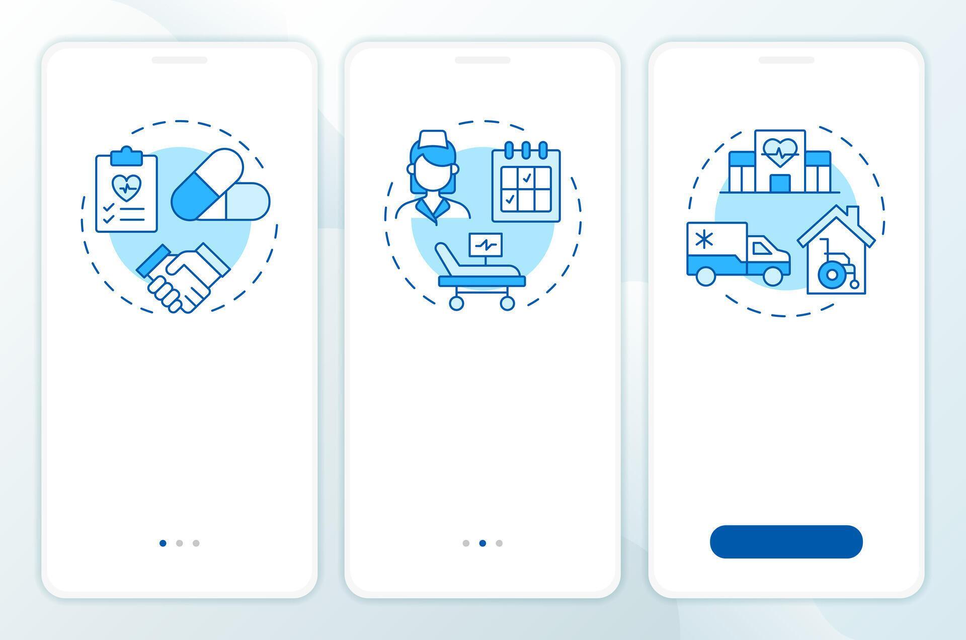 Care Transitions Blue Onboarding Mobile App Screen Medicine Walkthrough 3 Steps Editable