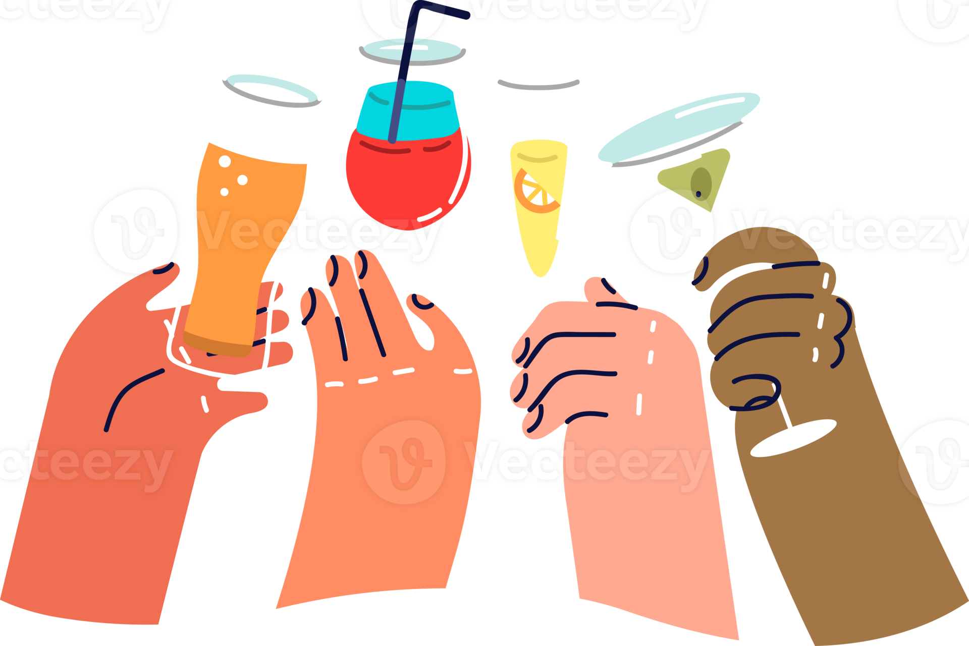 Cold alcoholic cocktails in hands of people drinking colorful drinks at party in beach bar ...