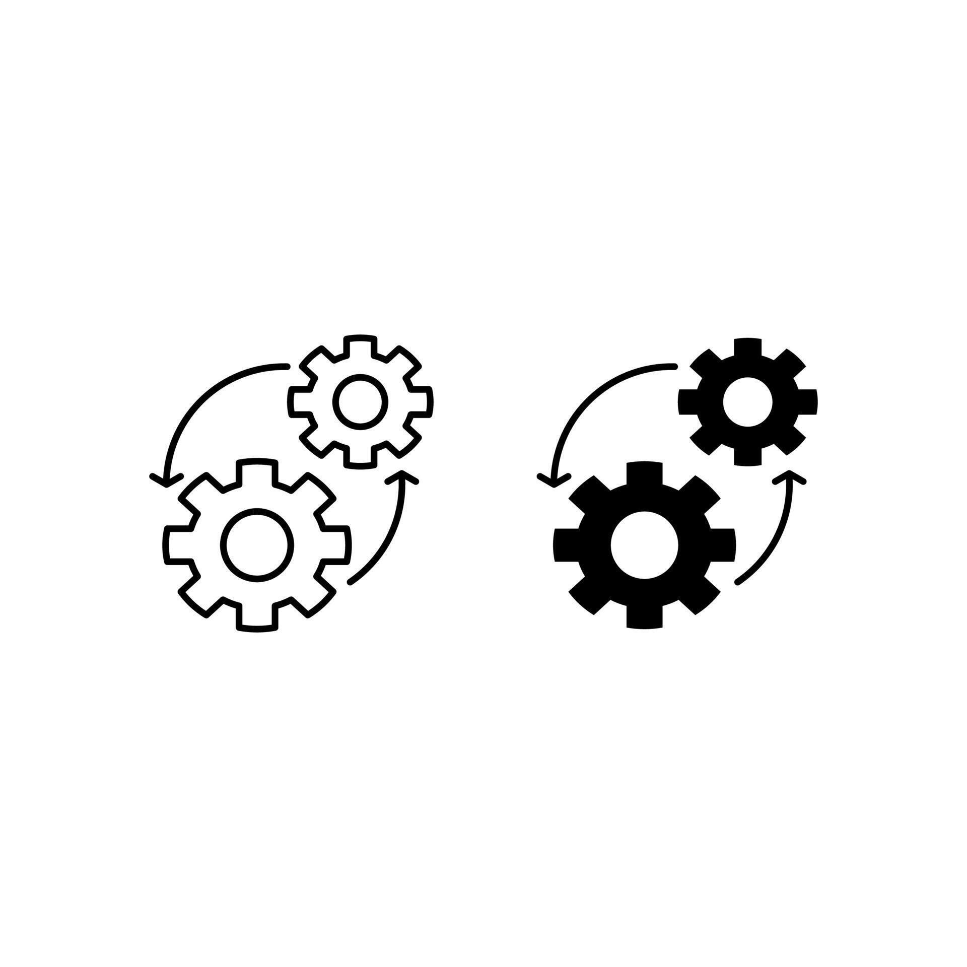 Two sets of interlocking gears with arrows indicating rotation.process gear icon. Suitable for ...
