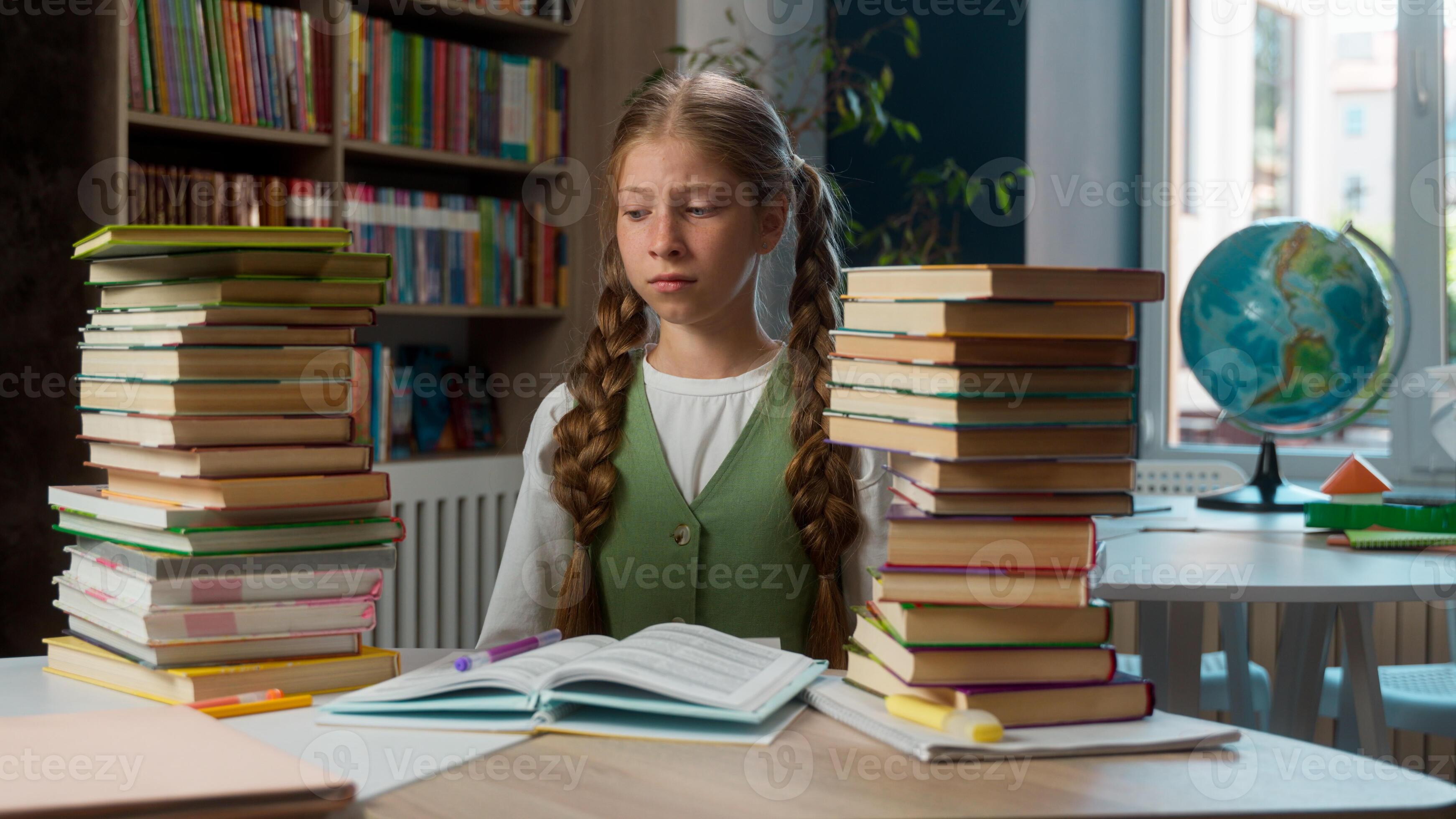 Scared fatigued upset Caucasian little girl child kid schoolgirl school pupil learner student ...