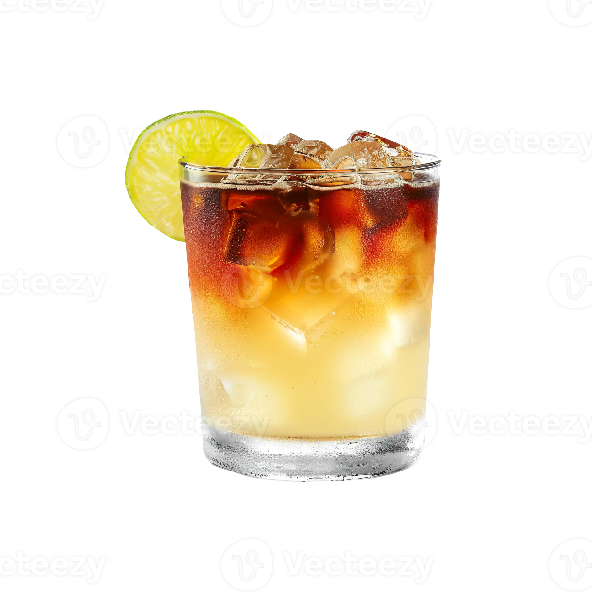 Dark and Stormy cocktail with lime wheel garnish transparent isolated background. Mixology, bar ...