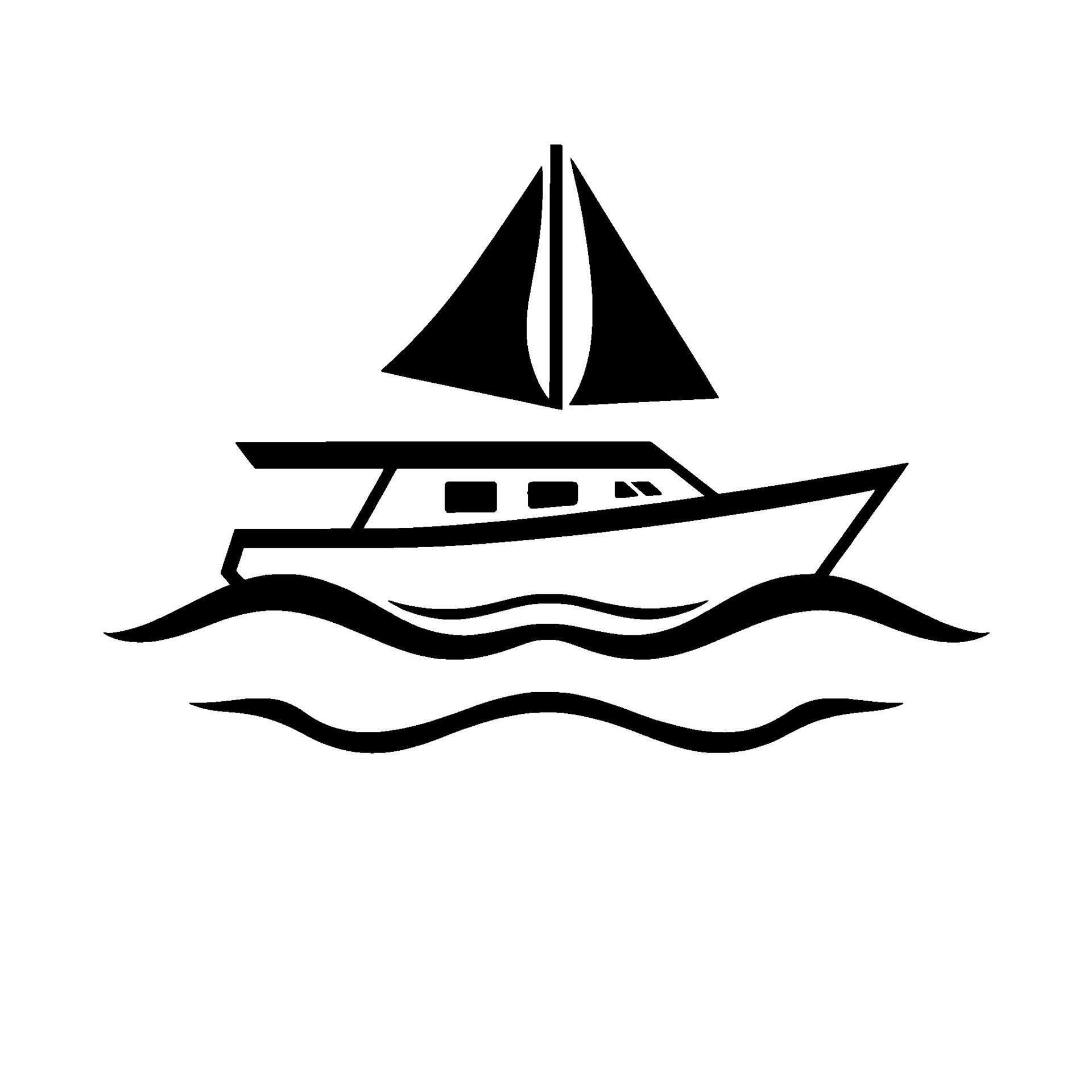 Simple Black And White Illustration Of A Sailboat With A Triangular Sail Navigating Wavy Water