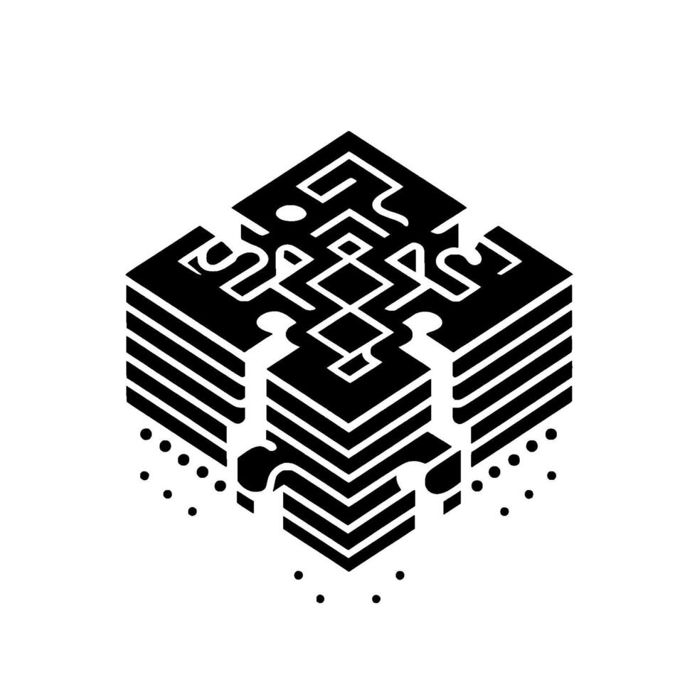 Isometric Puzzle Cube Black And White Illustration Featuring Interlocking Layers And Abstract