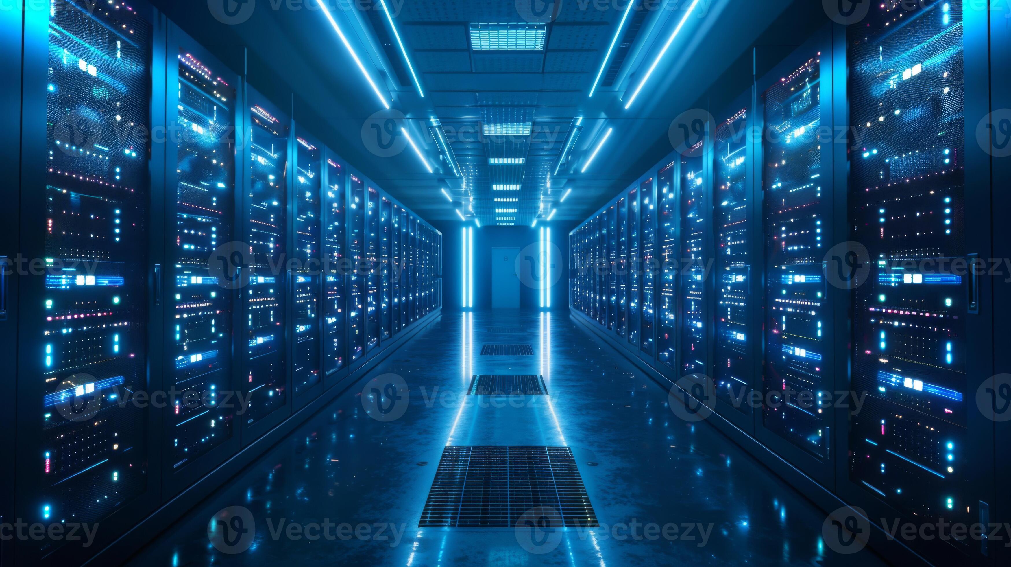 A futuristic data center features neatly organized server racks glowing with blue lights ...