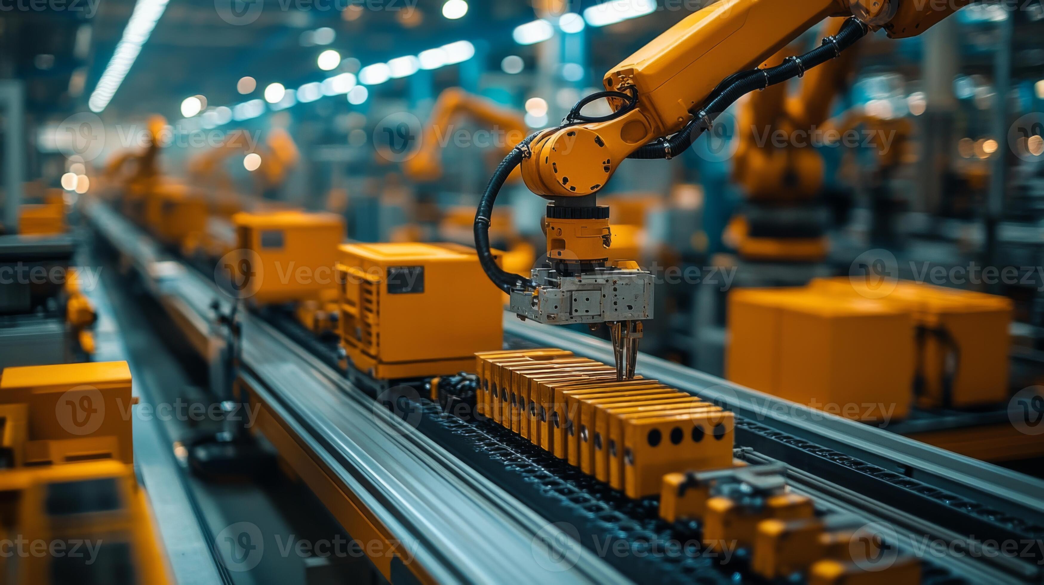 In a high-tech manufacturing facility, robotic arms manipulate components along an extensive ...