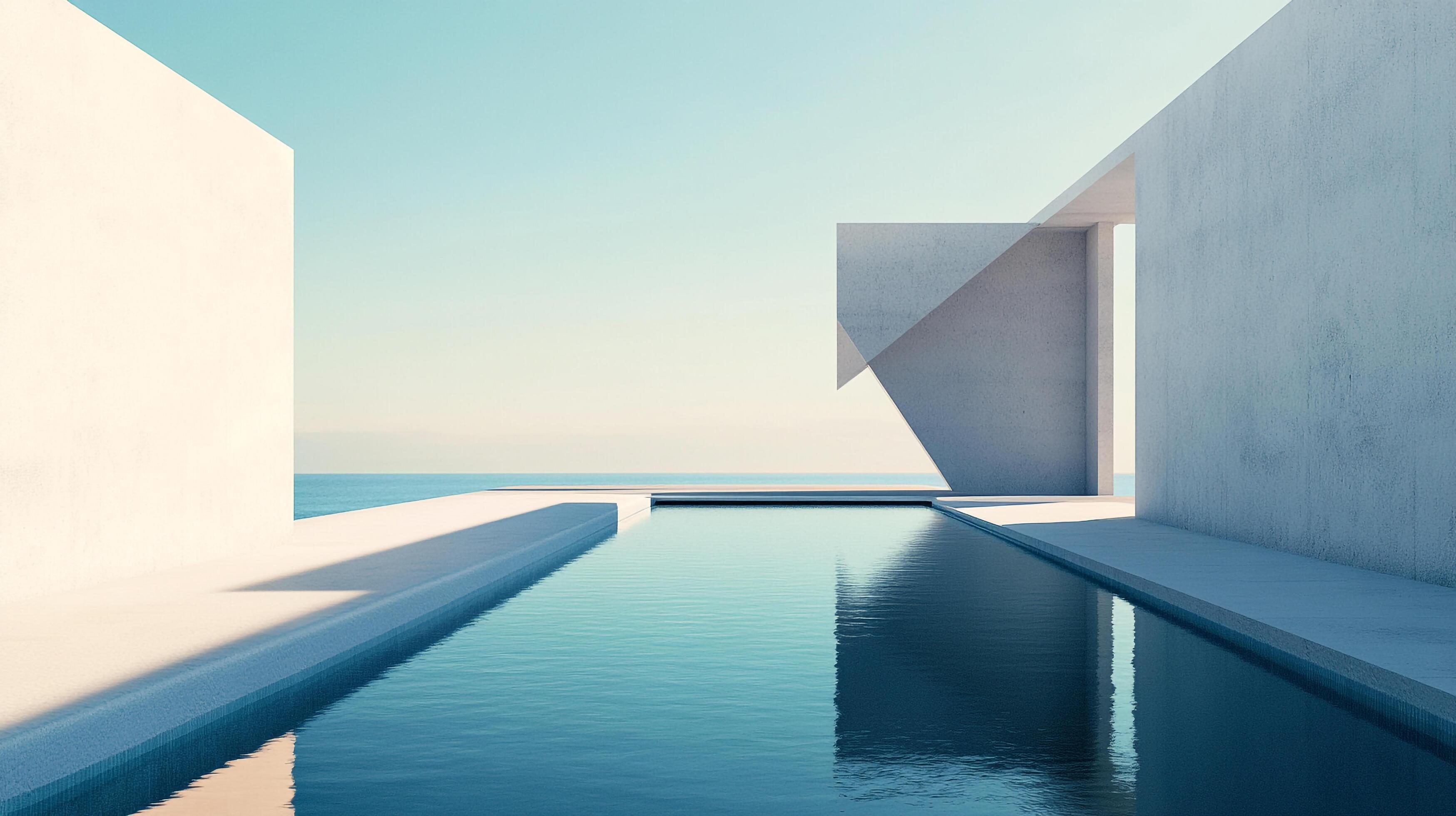 This contemporary image features angular architectural forms by water ...