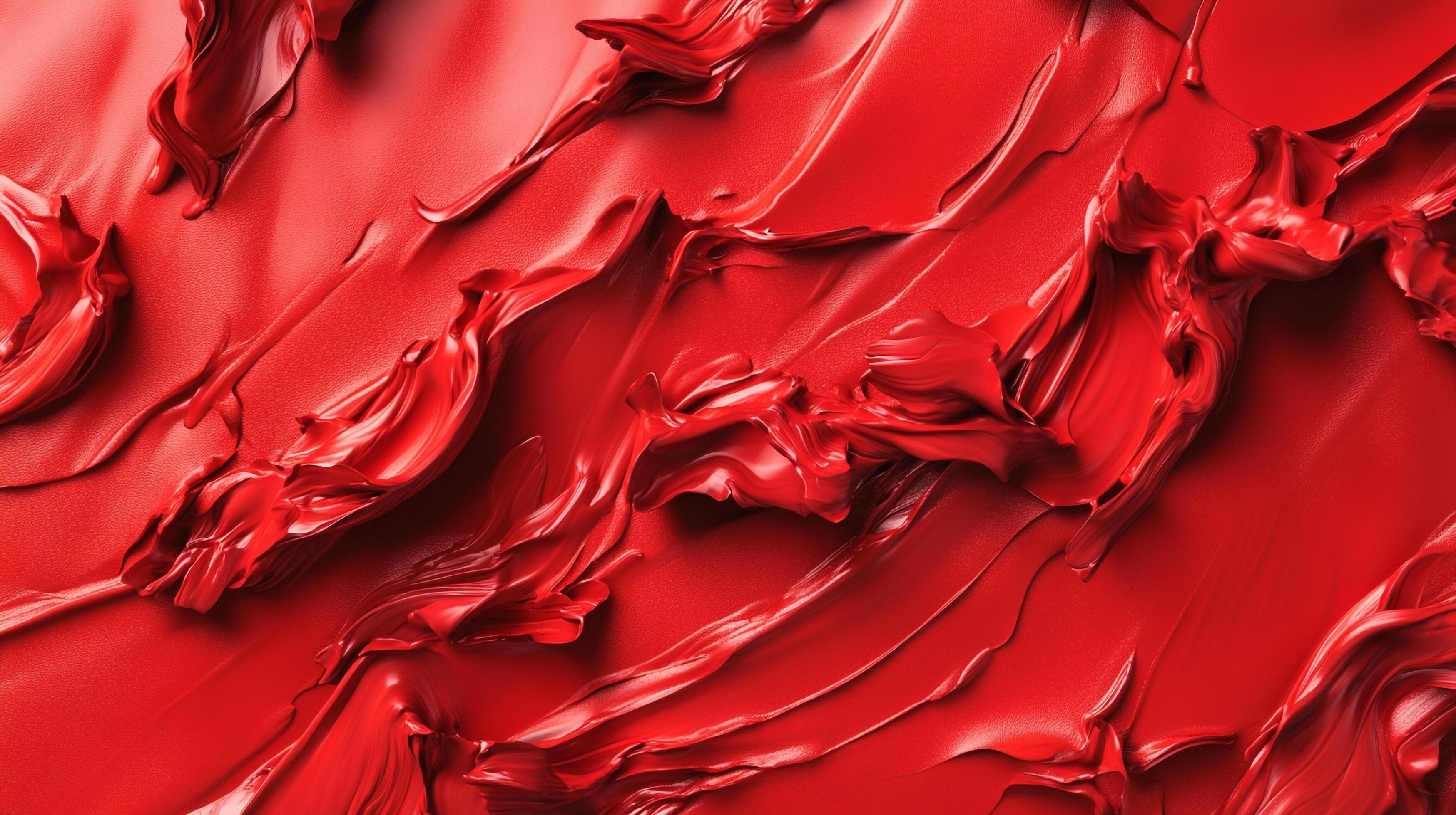 An abstract artwork featuring vibrant red paint swirling dynamically, creating a bold visual ...