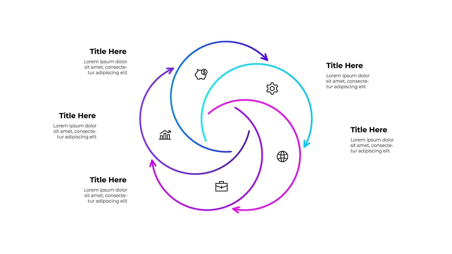 Line infographic diagram featuring a circular workflow with 5 arrows and icons. Business ...
