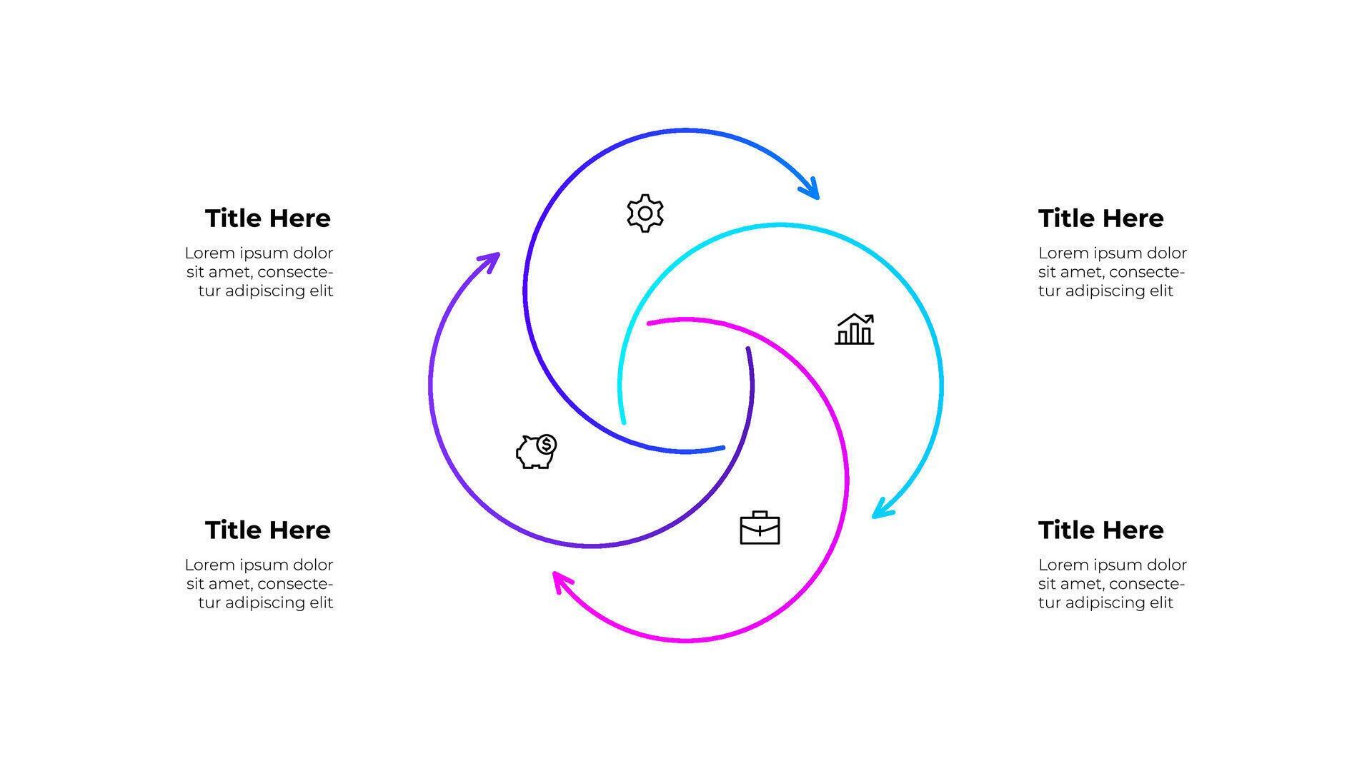 Line infographic diagram featuring a circular workflow with 4 arrows and icons. Business ...