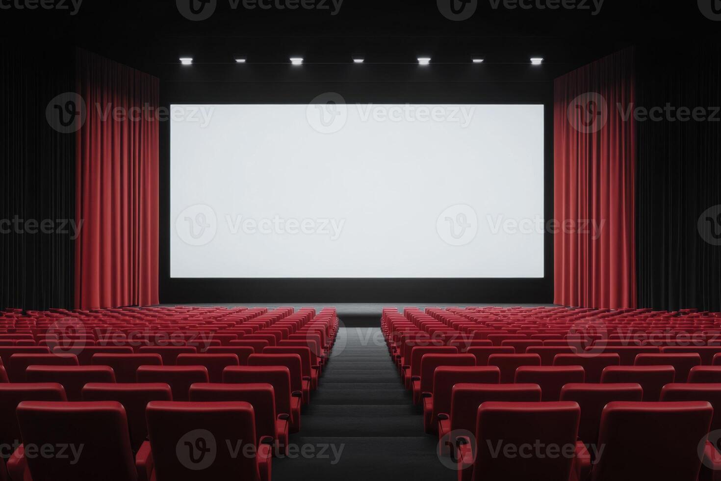 Empty theater with red seats facing a large blank screen, ready for a film or presentation ...