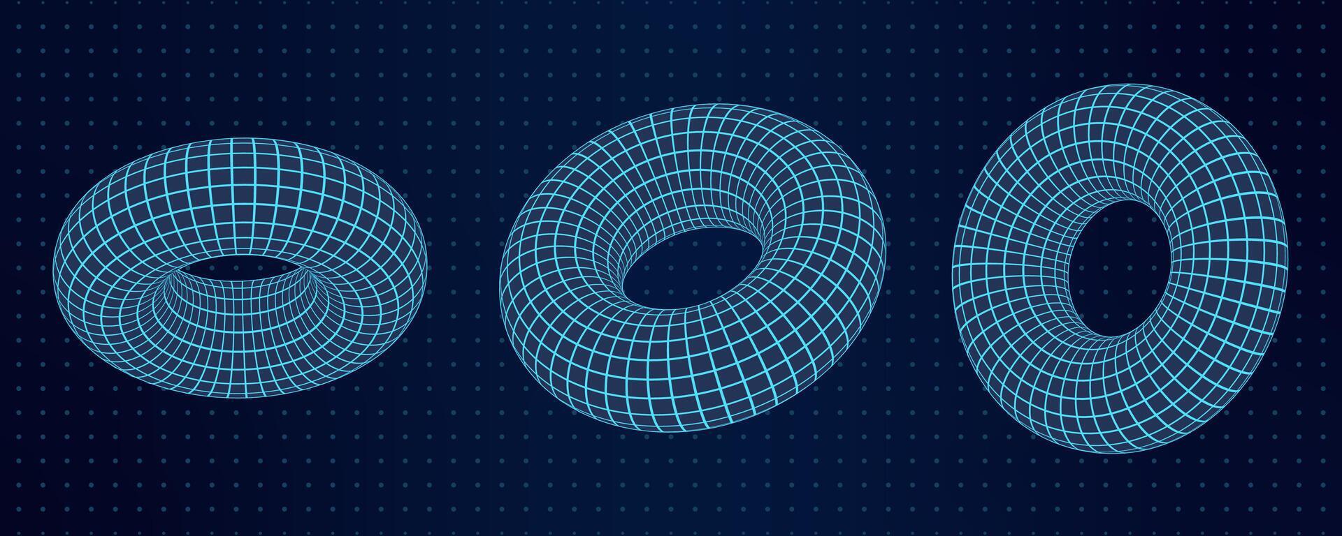 3D torus shapes with abstract wireframe and mesh grids. Geometric donut ...