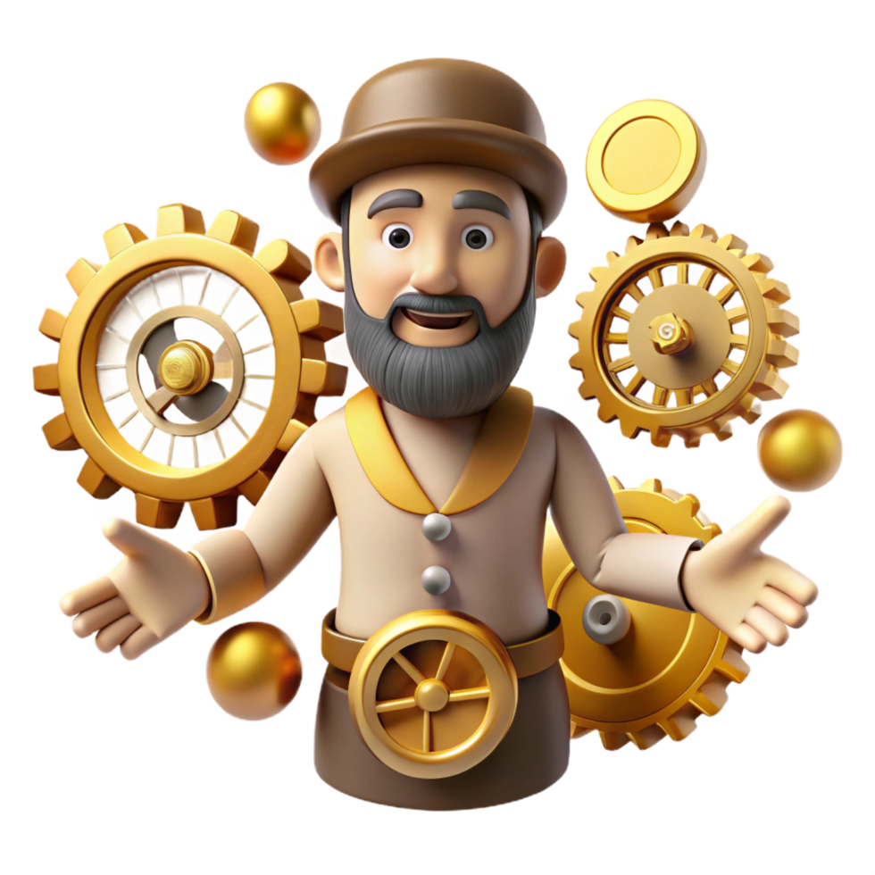 extraordinary contemporary 3D IllustrationSmiling Mechanic with Golden Gears professional ...