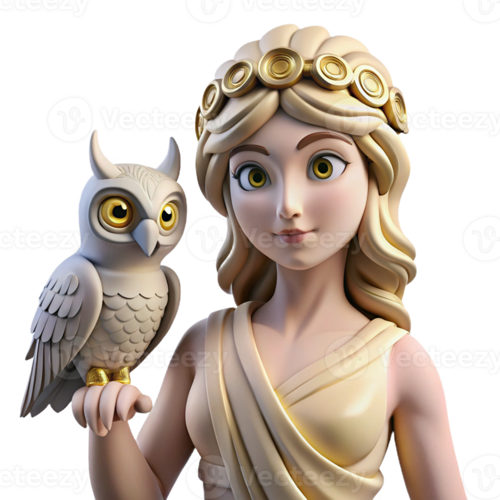 vibrant abstract A wise Athena holding an owl, her eyes filled with wisdom, sculpted in a ...