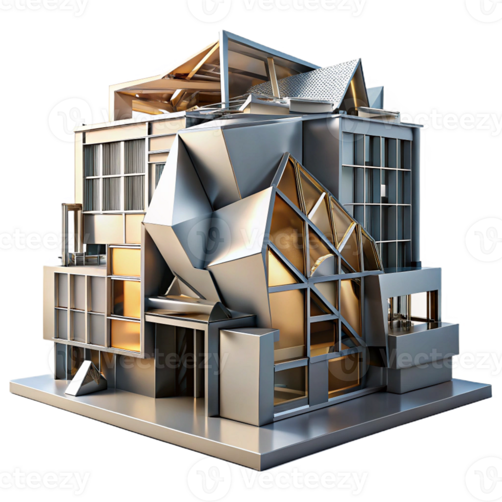 Serene Modern Deconstructivist Office Building Fragmented Forms Metallic Surfaces Dramatic