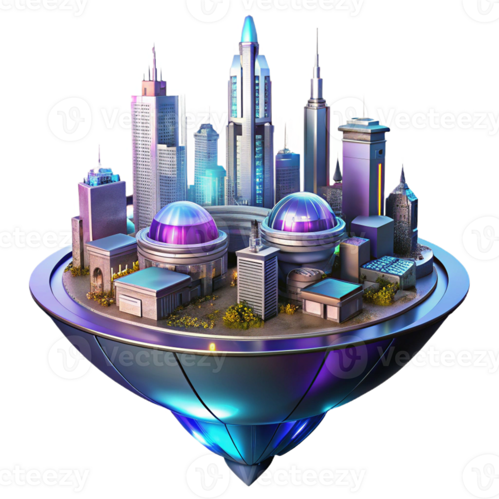 elegant contemporary Floating futuristic city, sleek metallic structures, holographic displays ...