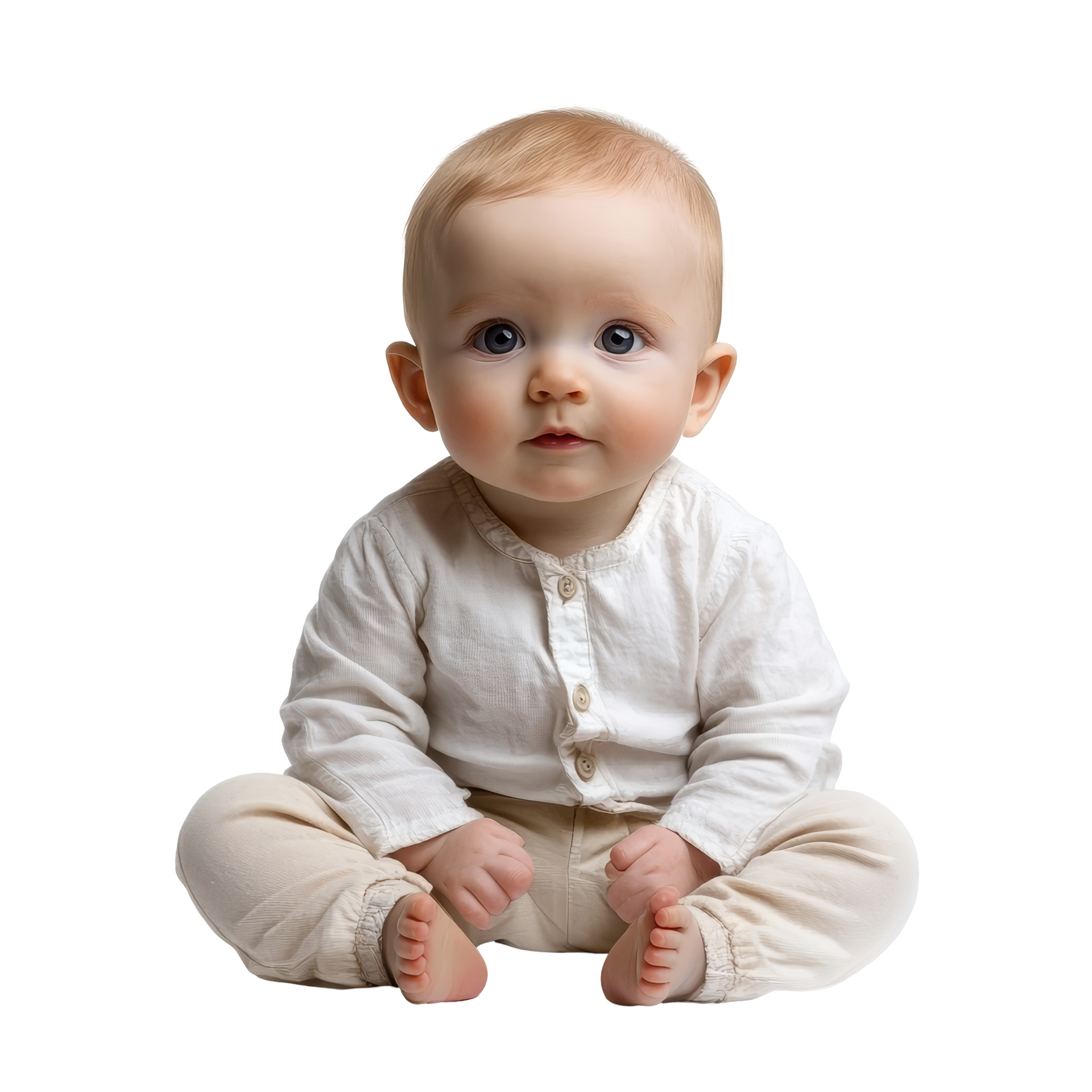 Gentle baby sitting on a transparent background in cozy light attire, showcasing innocence and ...