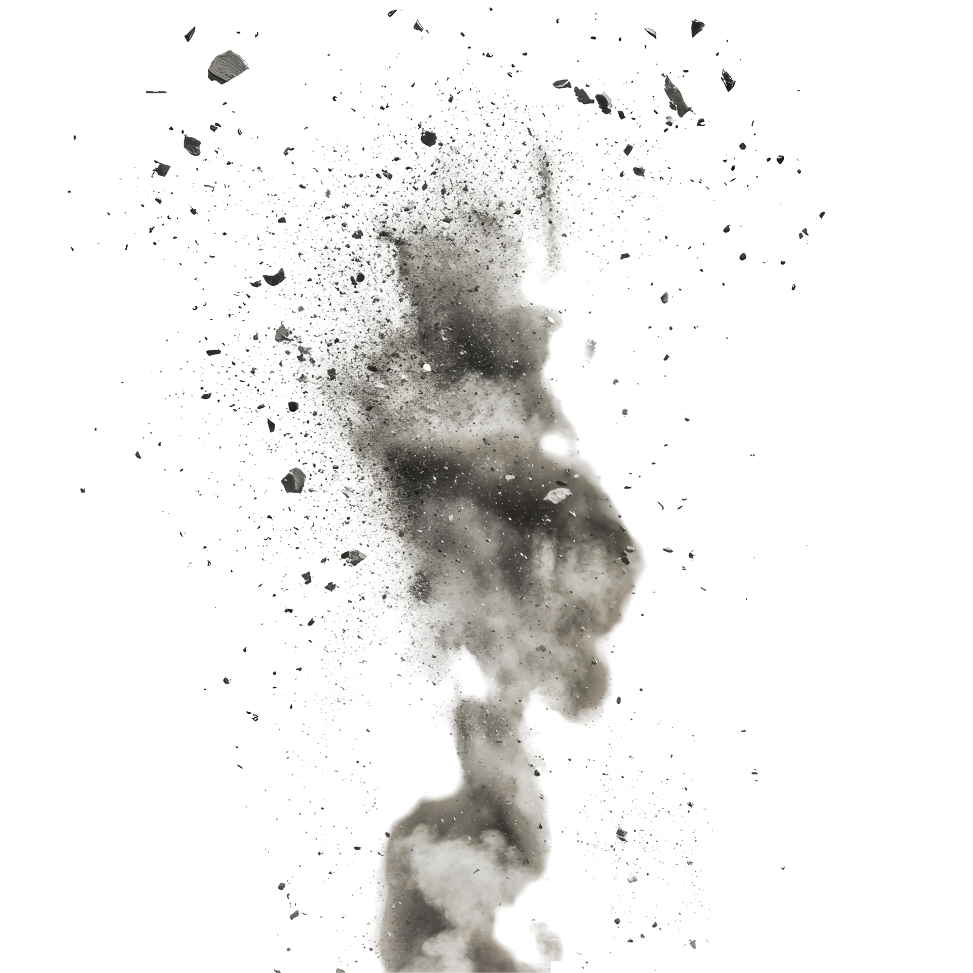 Flying debris and dust particles swirl upward against a transparent background, creating a ...