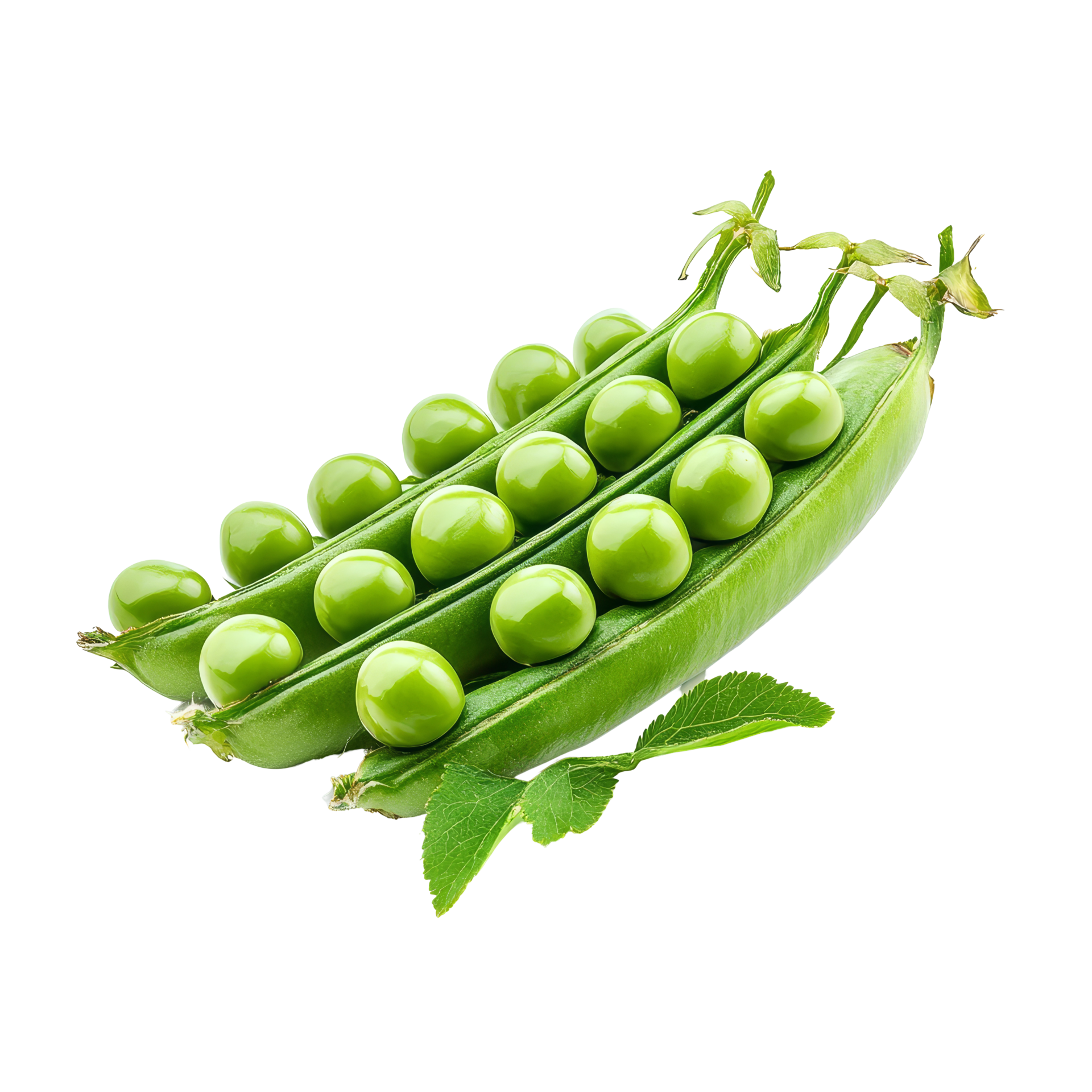 Fresh green peas displayed in pods against a clean transparent ...